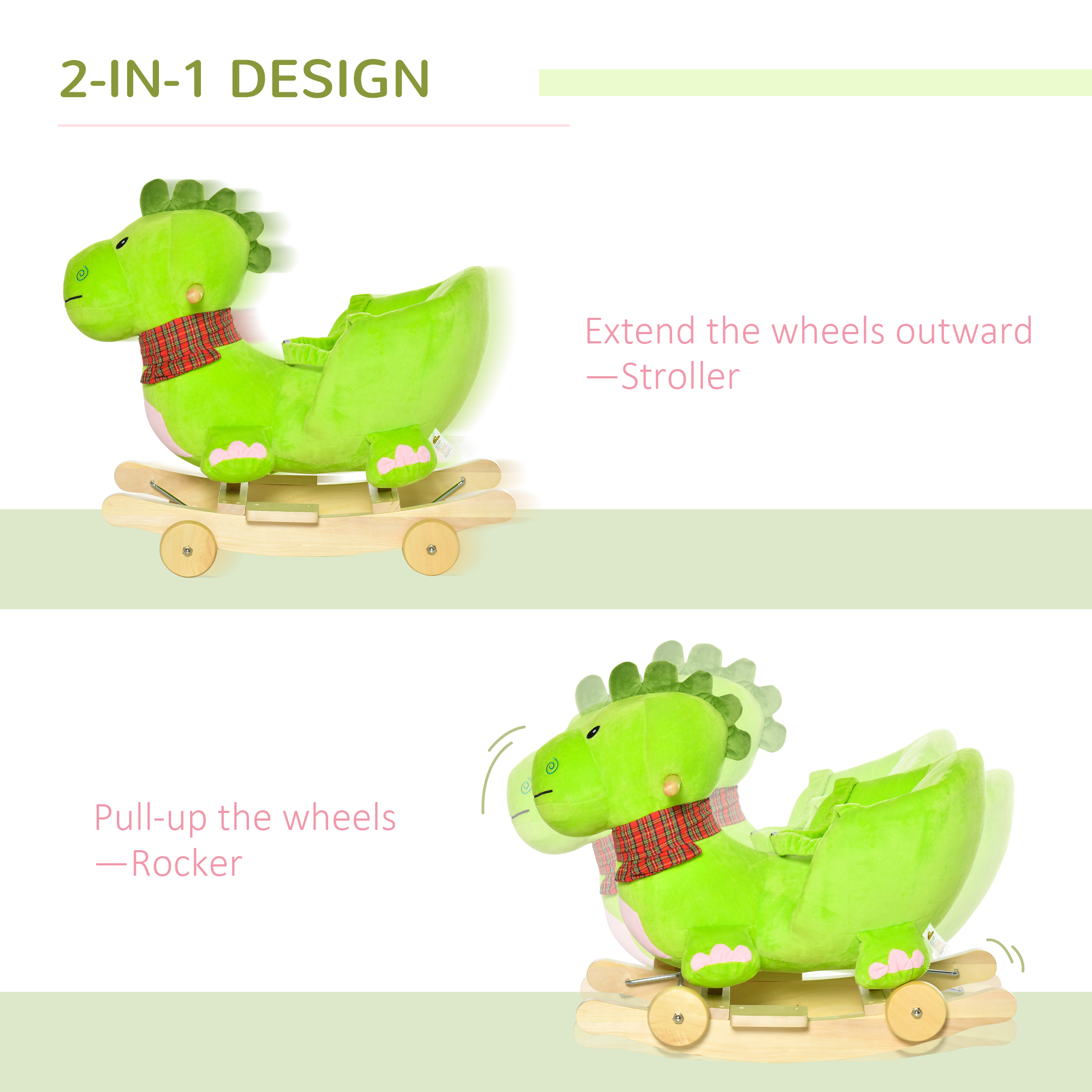 Qaba 2-In-1 Rocking Horse and Stroller, Wooden, Interactive Dinosaur ...