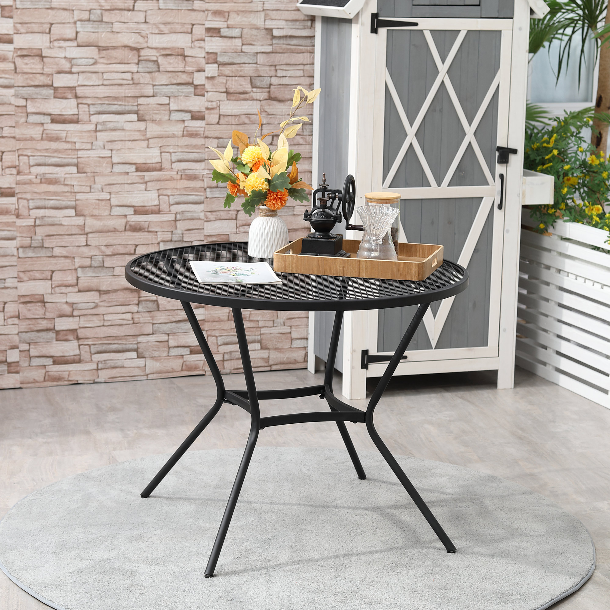 Outsunny 35" Round Patio Dining Table Steel Outside Table with Mesh ...
