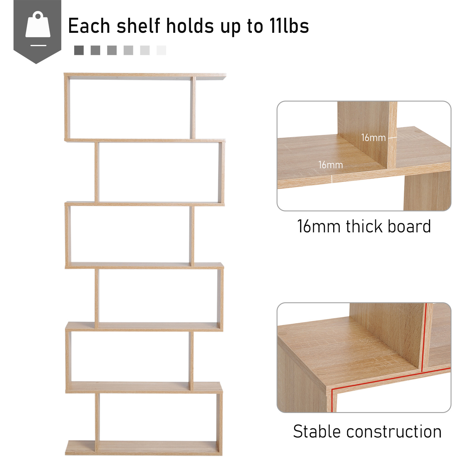 HomCom 75" H 6 Tier Wooden Modern S-Shaped Shelf Unit Storage Display ...