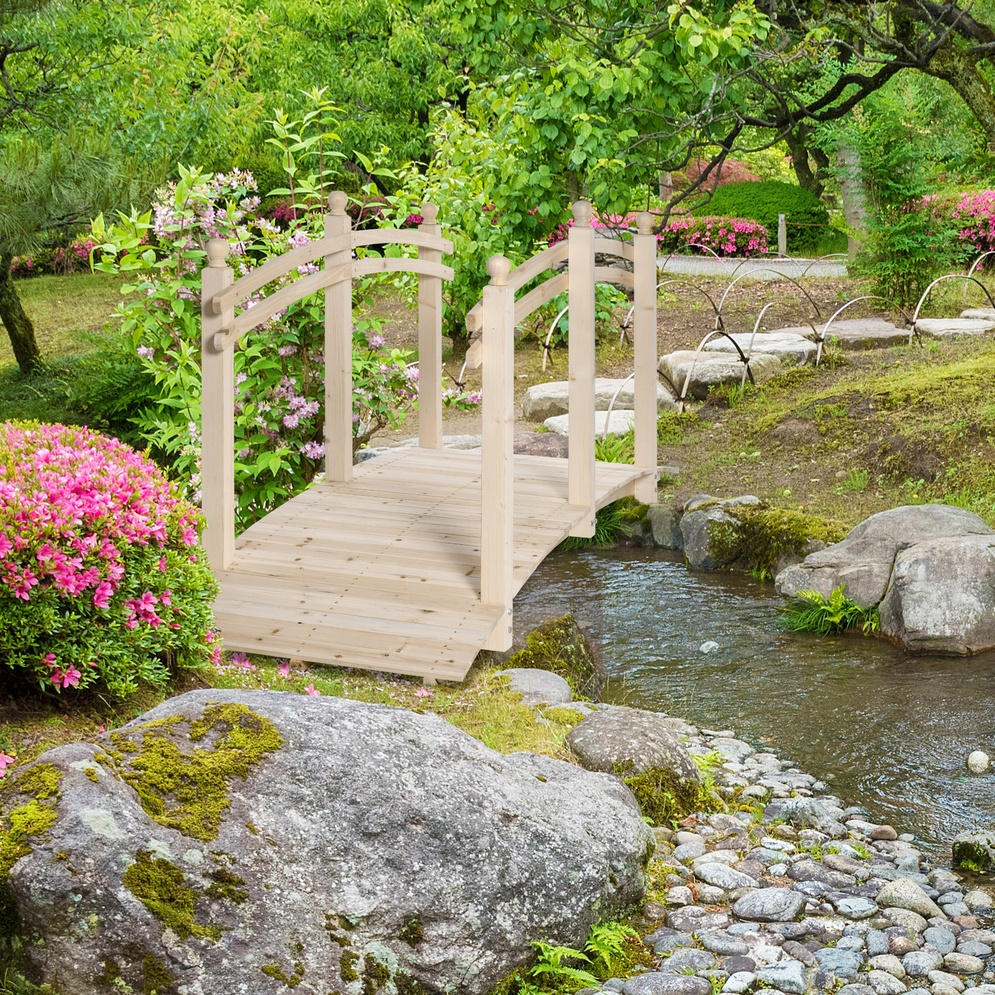 Outsunny 7.5' Fir Wood Garden Bridge Arc Walkway with Side Railings ...