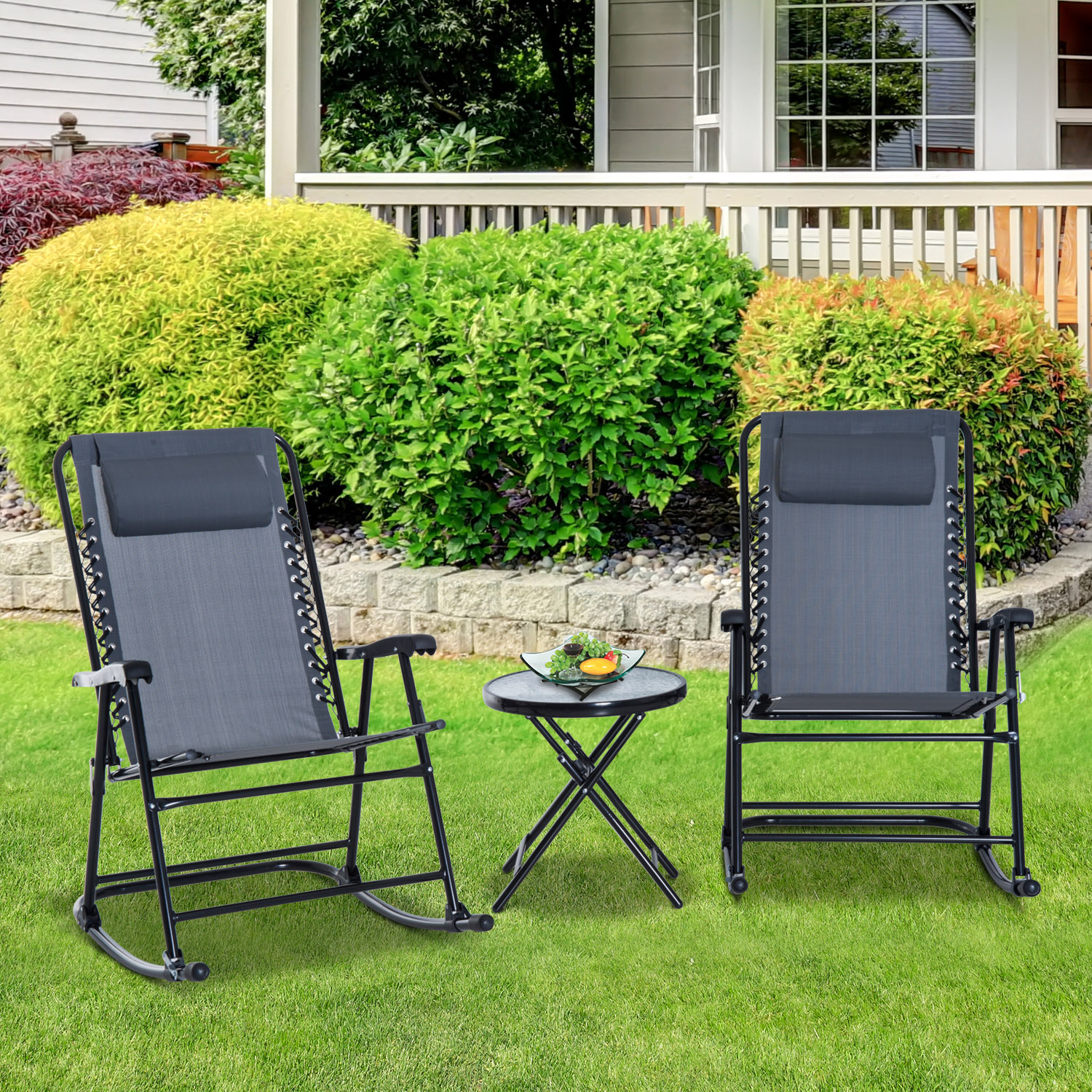 Outsunny Folding Rocker Set with Pillows Garden Lounger Bistro Set ...