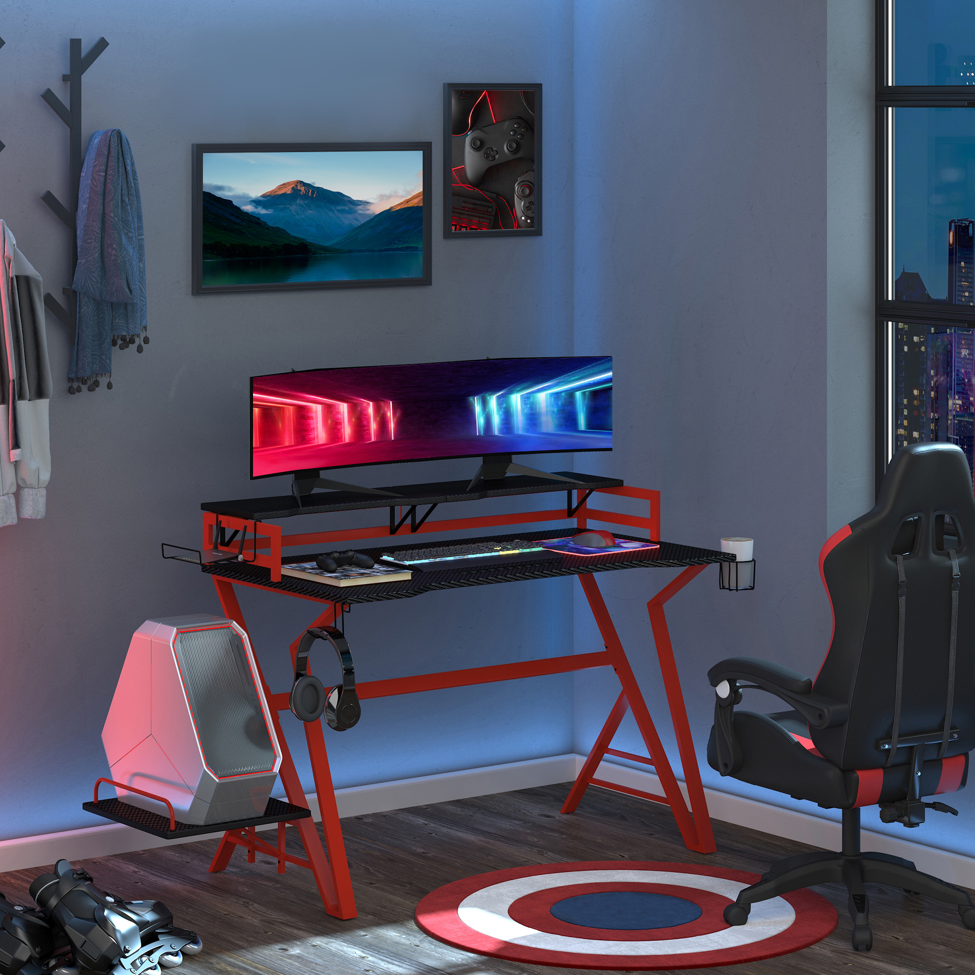 HOMCOM Computer Table Gaming Desk with 2 Monitor CPU Stand Home Office ...