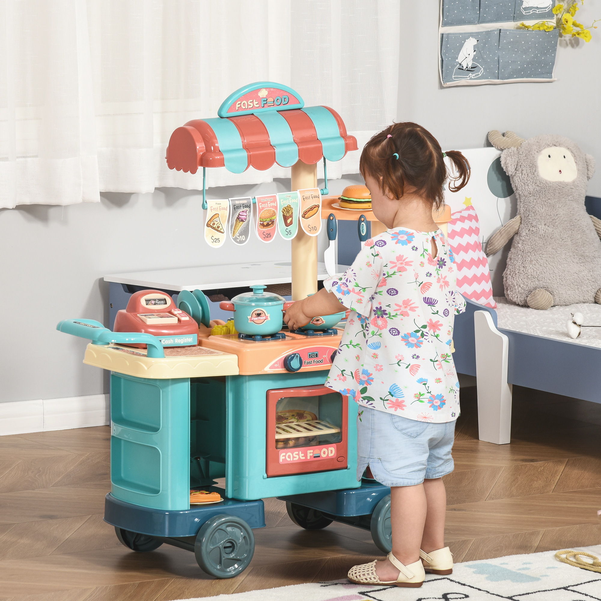 Qaba Kids Kitchen Food Stand with Play Food, Cashier Register ...