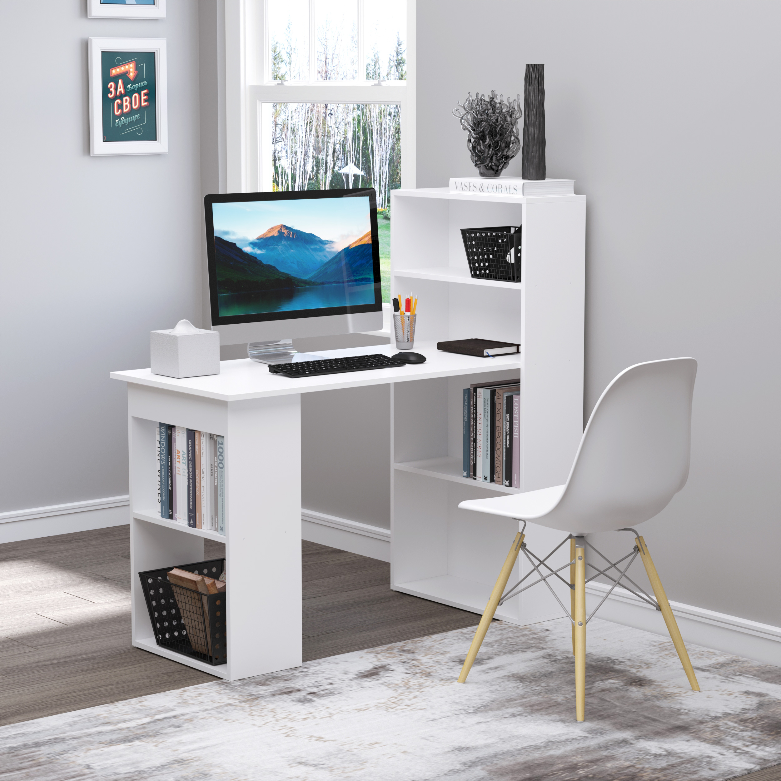 HOMCOM Modern Compact Computer Desk with 6-Tier Storage Shelves Combo ...