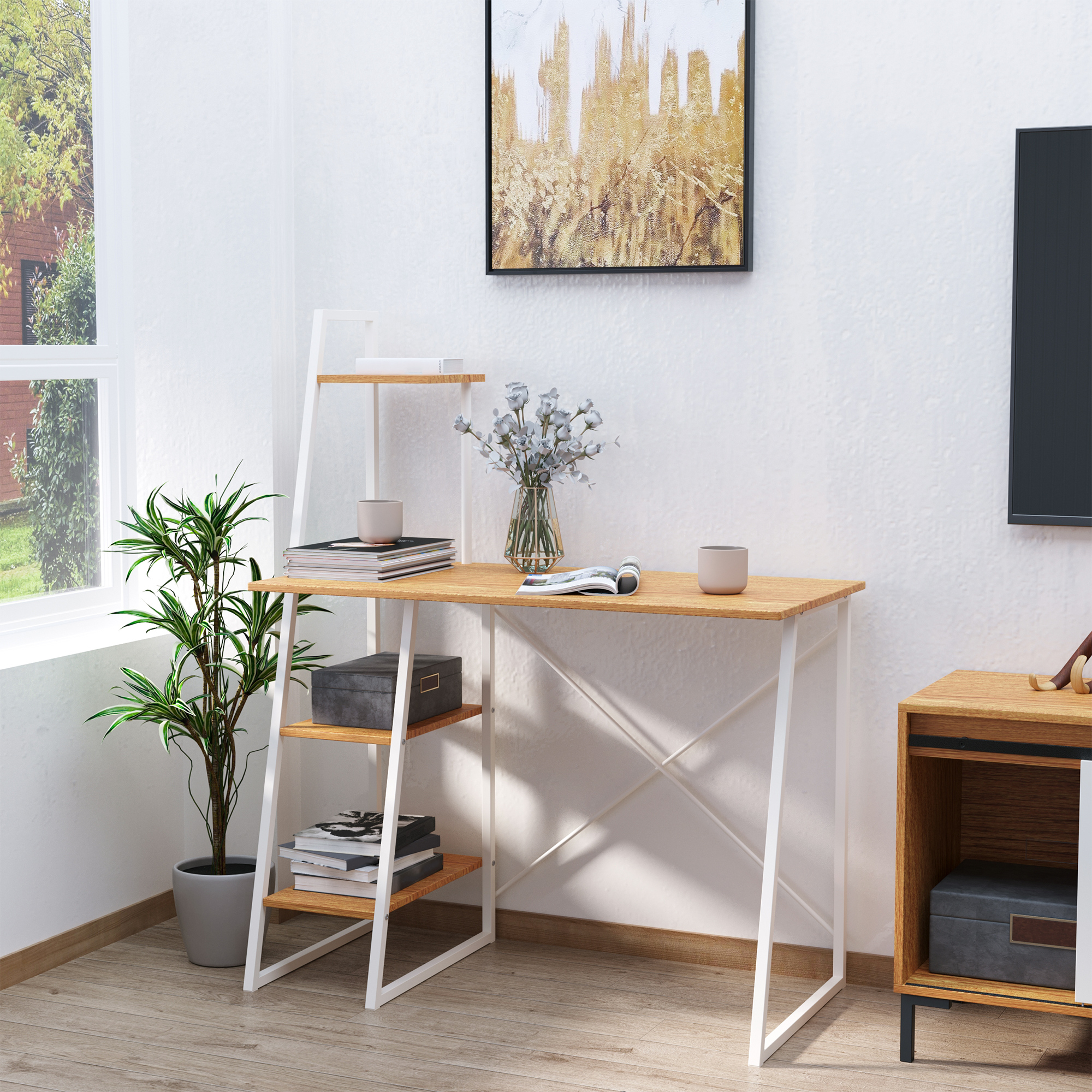 HOMCOM Home Office Computer Desk with 3-Tier Storage Shelves Study ...