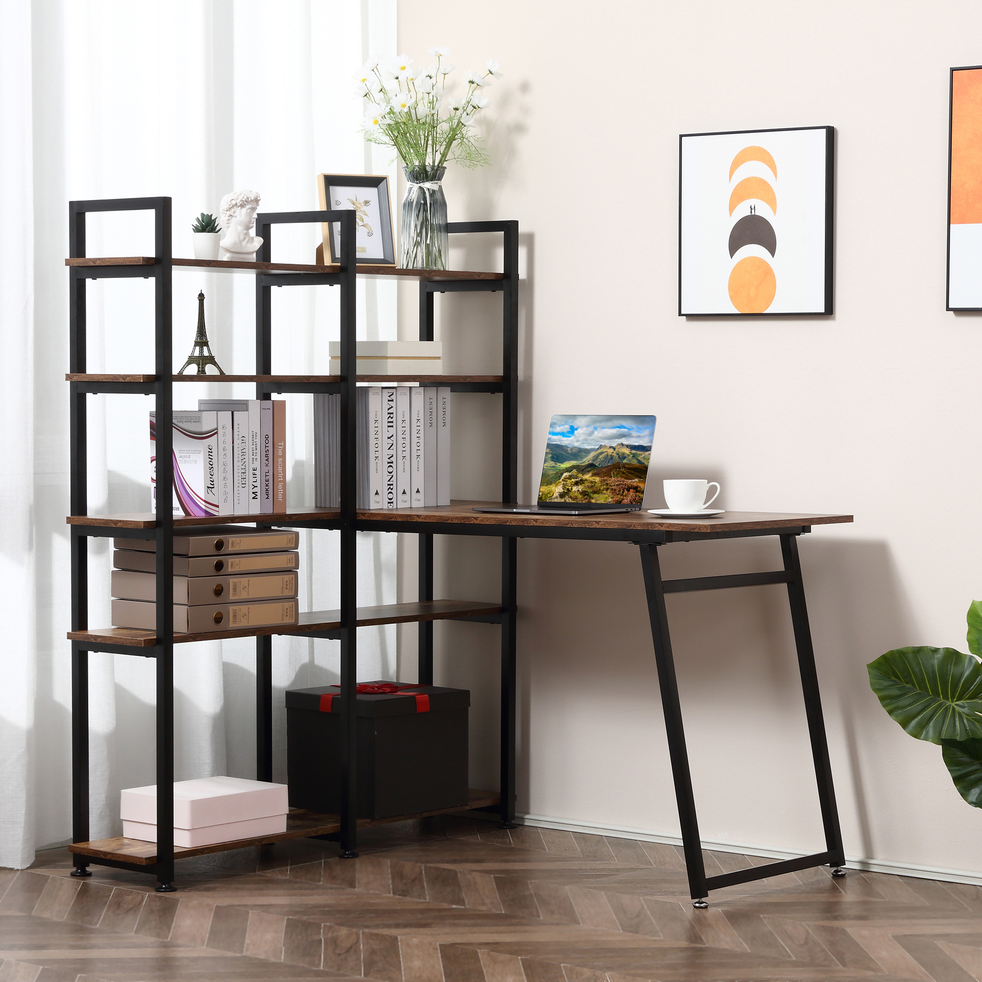 HOMCOM L-Shaped Desk with 5 Tier Bookshelf, Computer Writing Table with ...