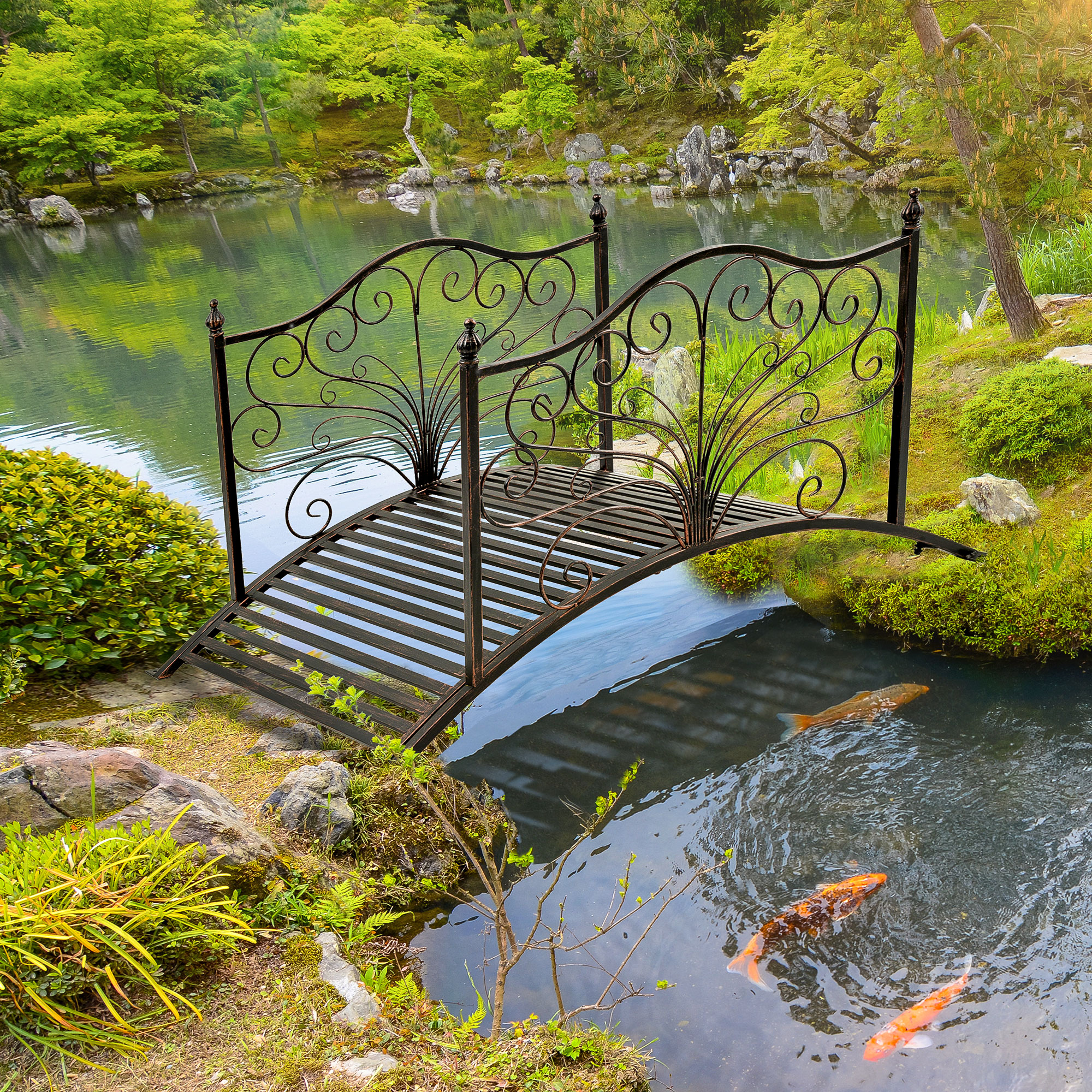 Outsunny 4FT Metal Garden Bridge Decorative Arc Bridge with Guardrails ...