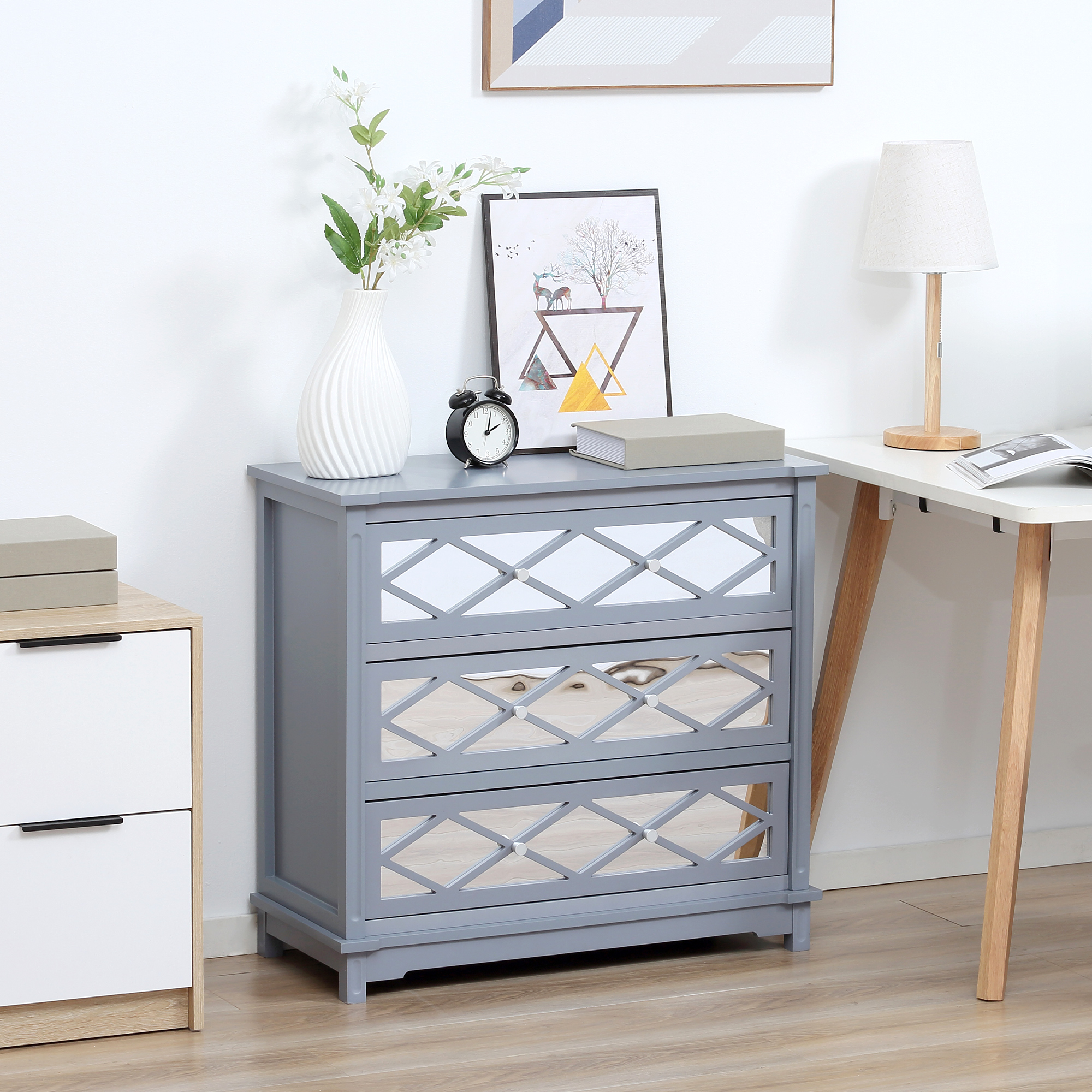 HOMCOM 3 Drawers Dresser with Mirror Panels, Chest of Drawers for ...