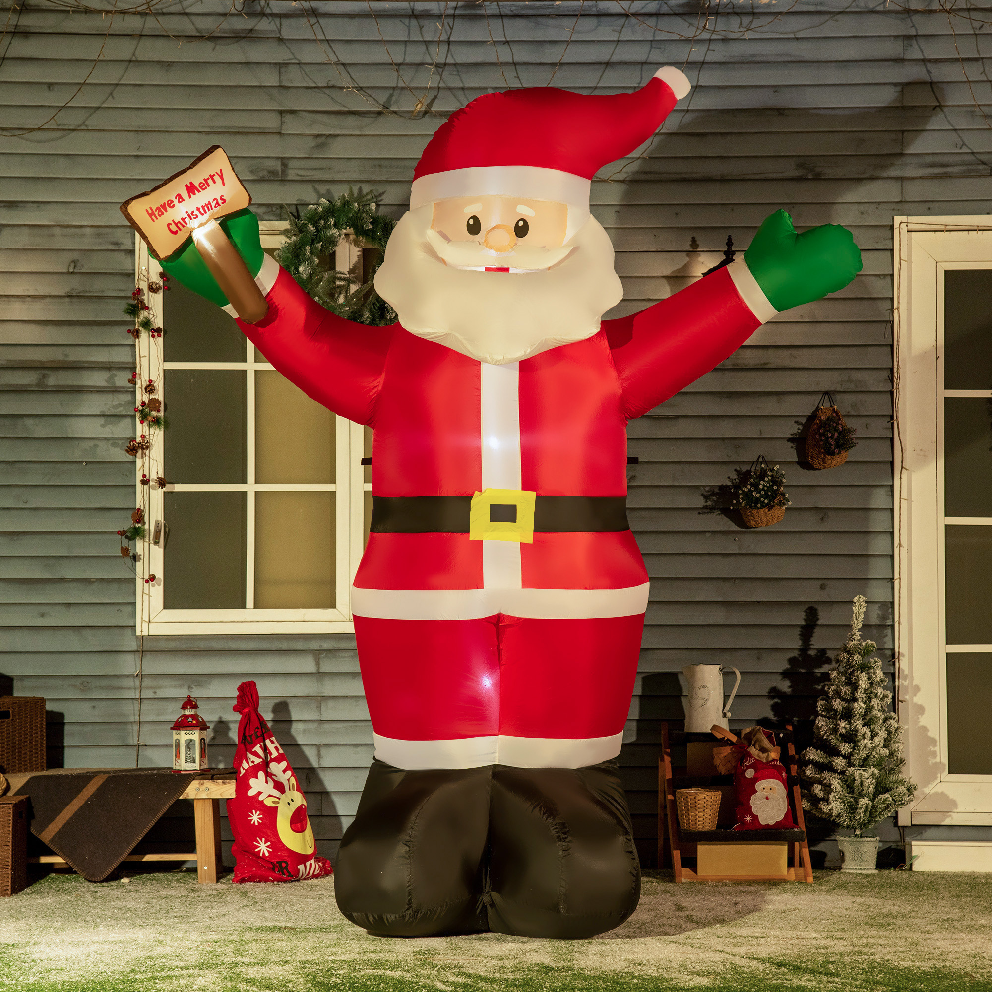 Outsunny 8ft Inflatable Christmas Santa Claus Holds Light Sign of ...