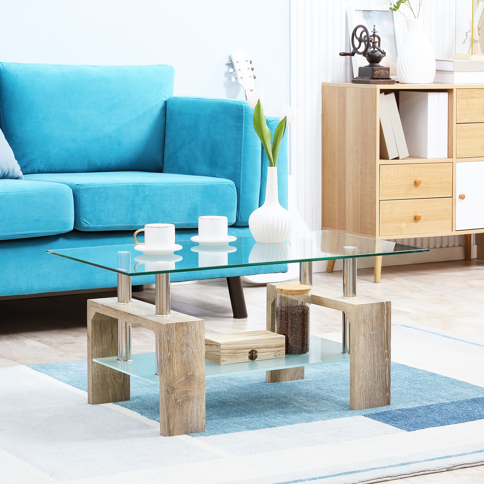 HOMCOM Rectangle Glass Coffee Table, 2-Tier Center Table with Tempered ...