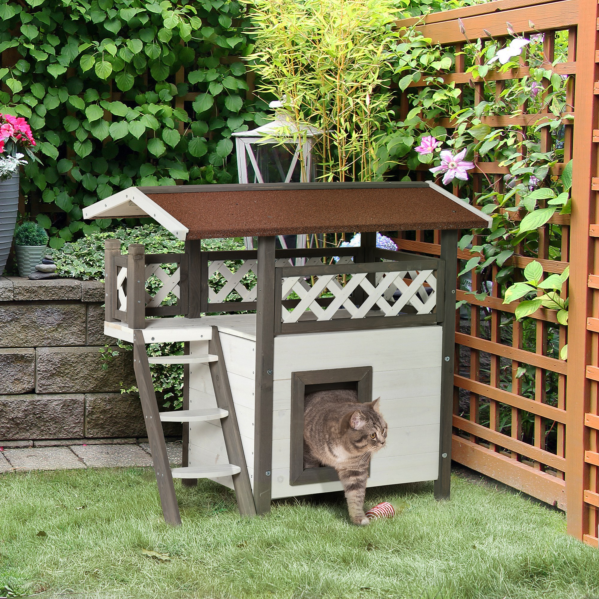 PawHut Outdoor Cat House, 2-Story Shelter for Feral Cats, Wooden Kitten ...