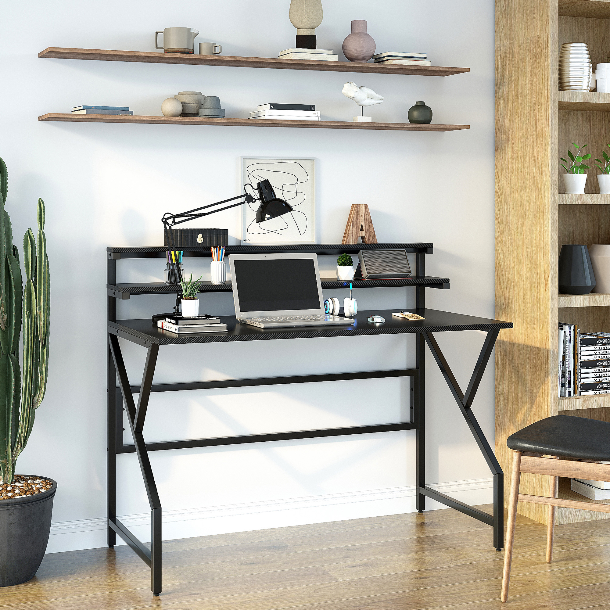 HOMCOM Modern Computer Desk, 47" Writing Desk with Elevate Shelves for ...