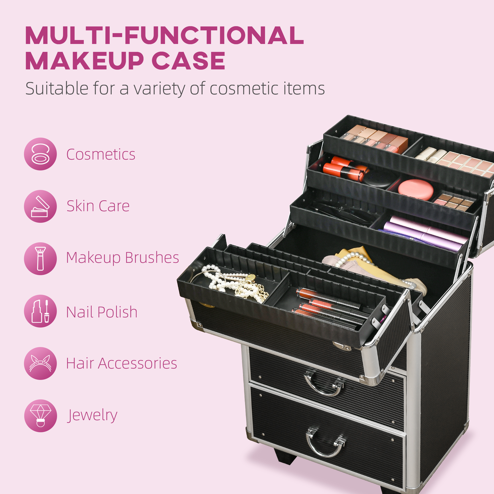 HOMCOM Rolling Makeup Train Case, Large Storage Cosmetic Trolley ...