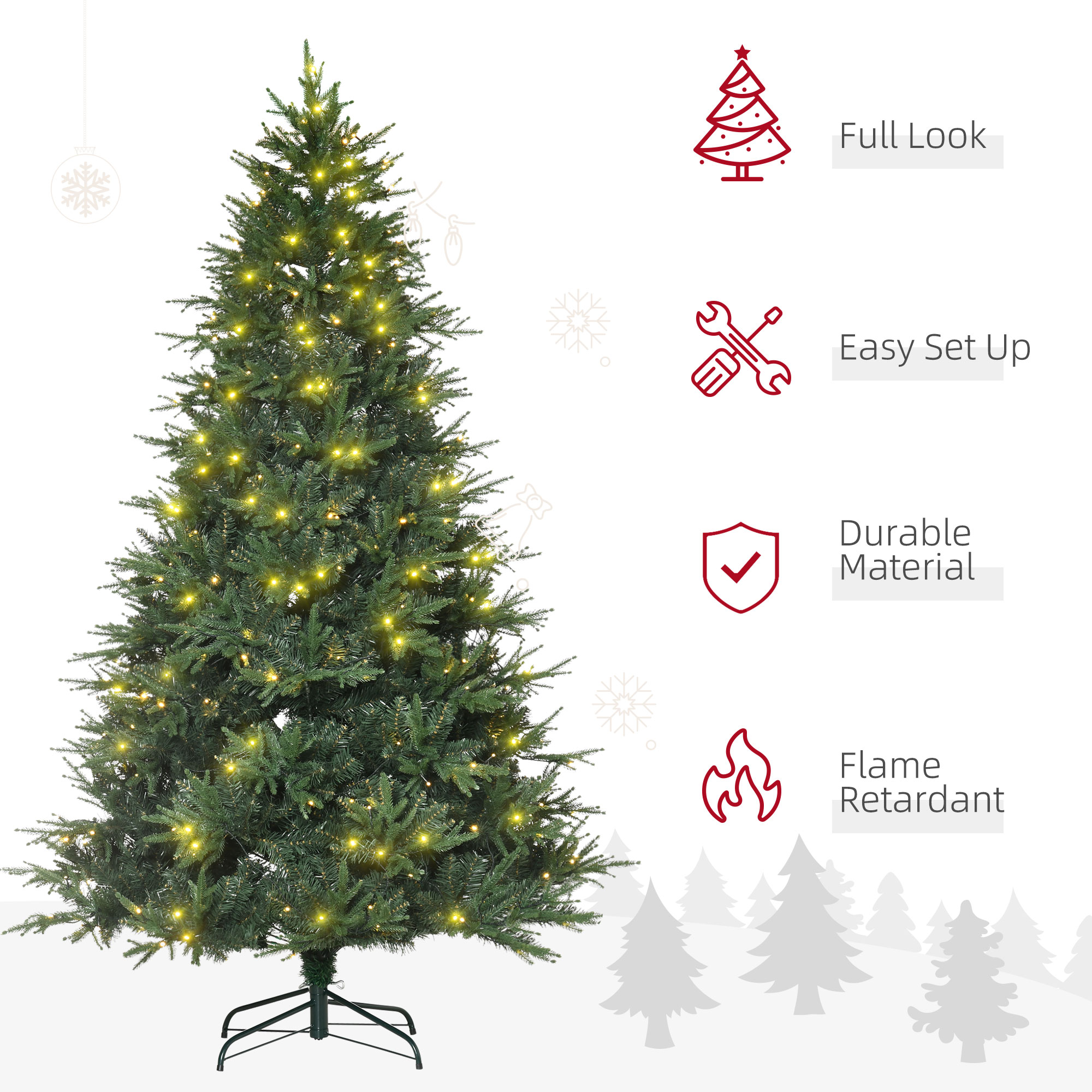 HOMCOM 7ft Tall Prelit Full Artificial Christmas Tree with Realistic ...