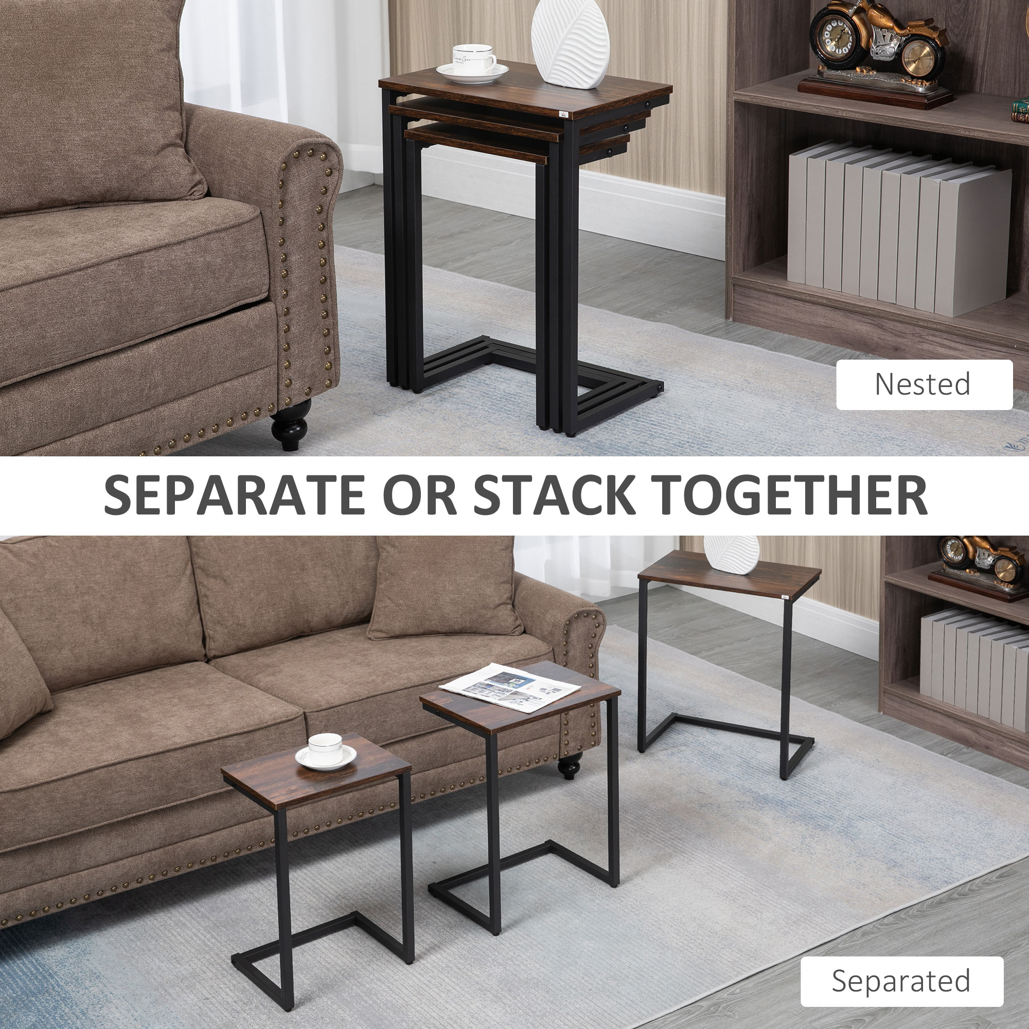 HOMCOM Nesting End Tables Set of 3, C-Shaped Snack Side Table with ...