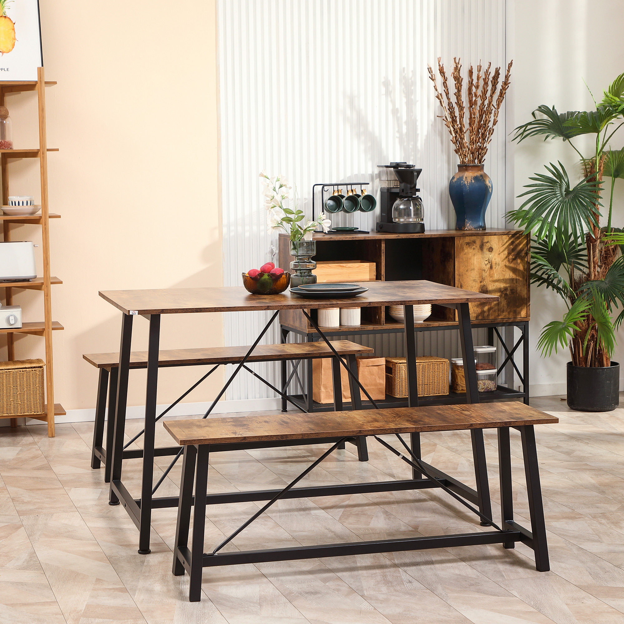 HOMCOM Industrial 3-Piece Dining Table Set, Rectangular Kitchen Table ...