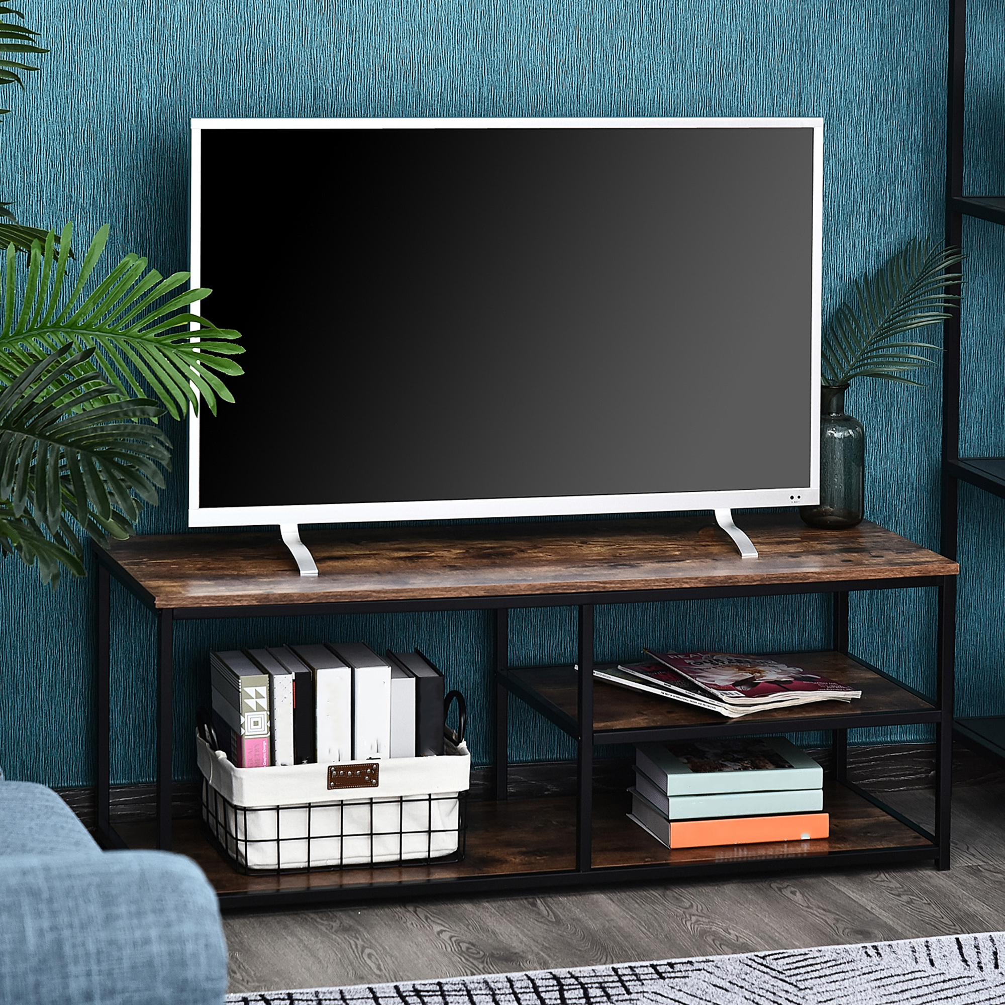 HOMCOM Industrial TV stand With Storage TV Cabinet 2 Shelves Metal ...