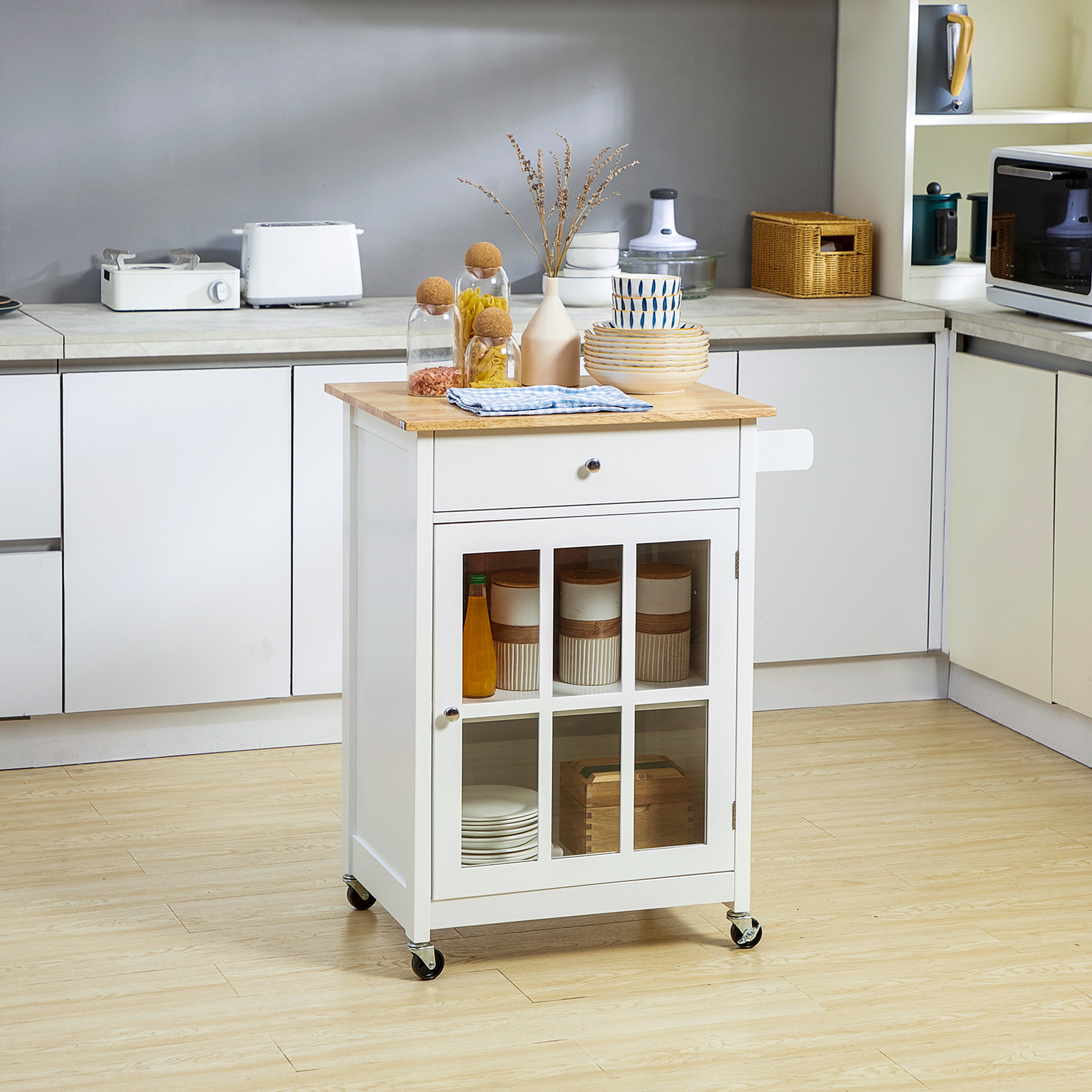 HOMCOM Rolling Kitchen Cart with Drawer and Glass Door Cabinet, Kitchen ...
