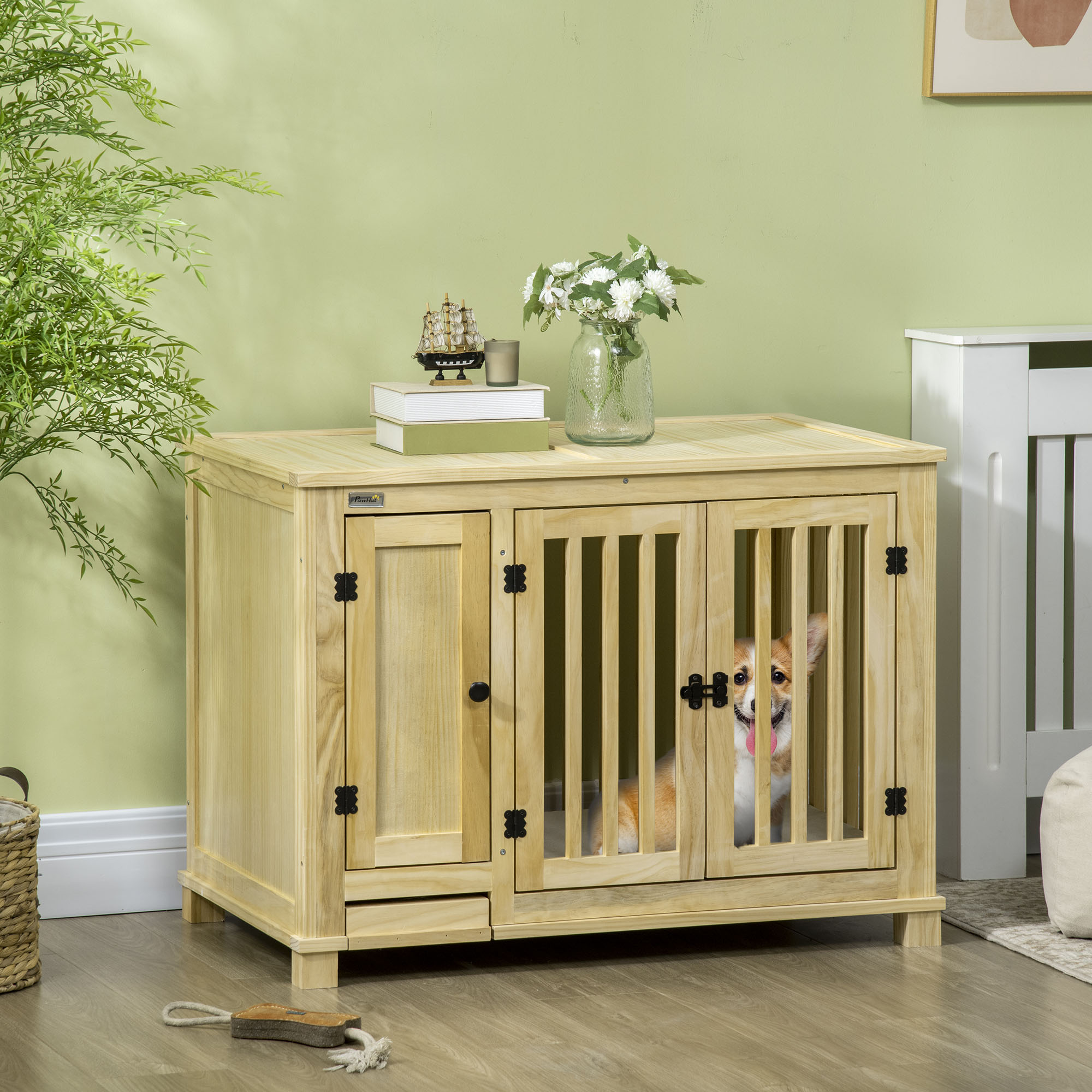 PawHut Wooden Dog Crate Furniture with Drawer Bowl Storage, Dog Kennel ...