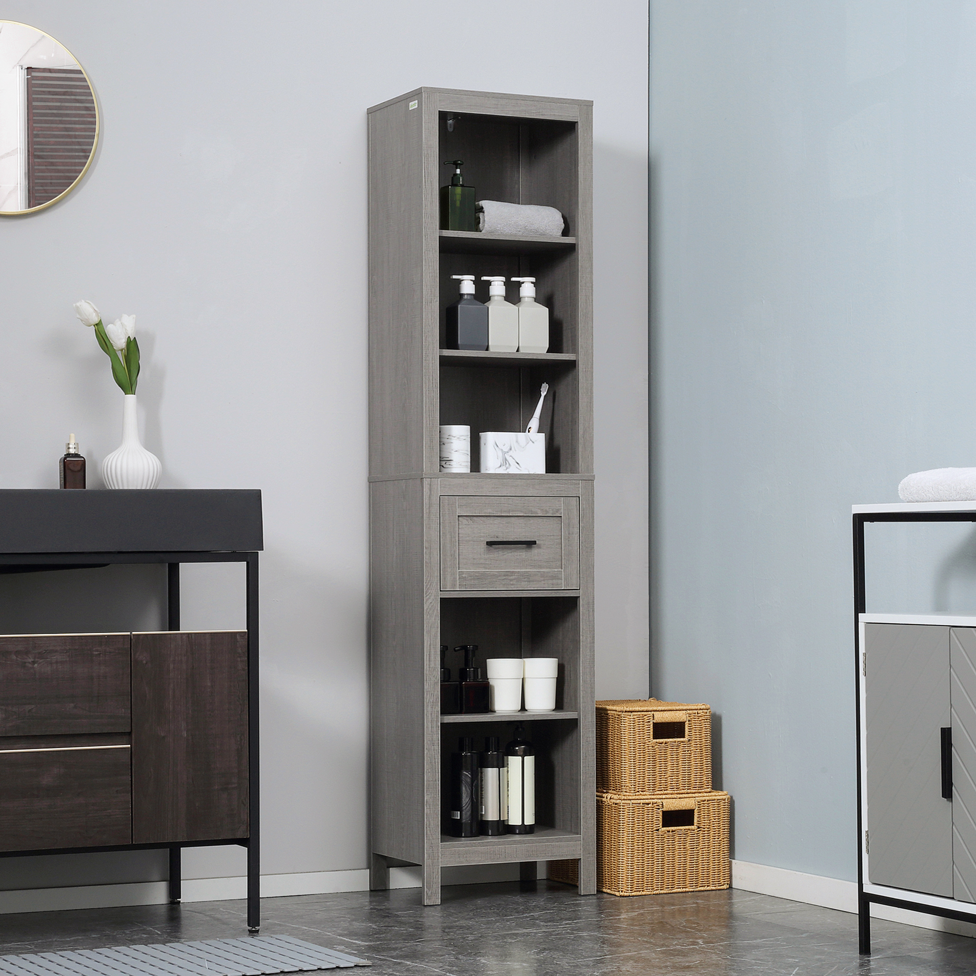 kleankin Narrow Bathroom Storage Cabinet with Drawer and 5 Tier Shelf ...