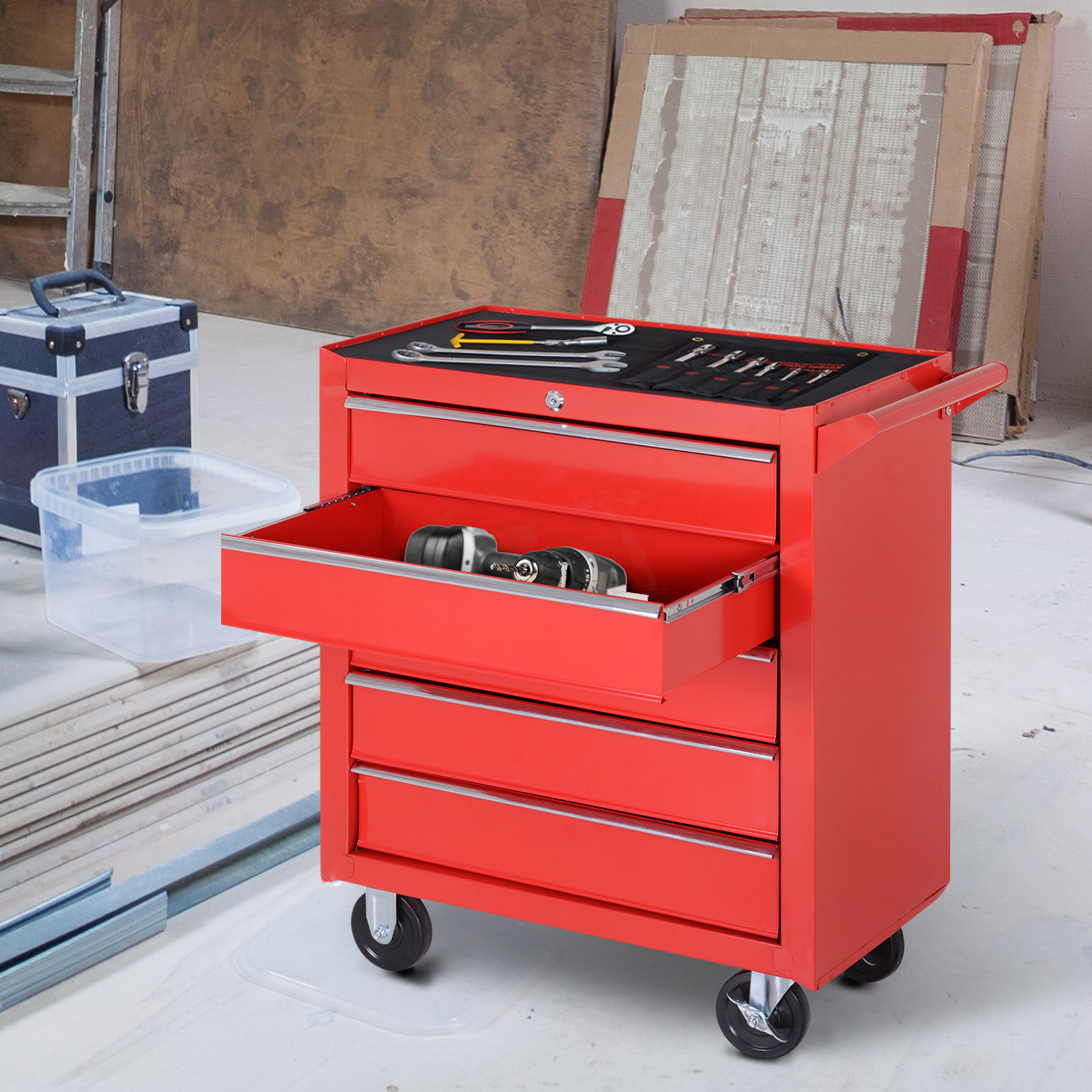 HOMCOM 5 Drawer Roller Tool Chest, Storage Cabinet, Mobile Lockable ...