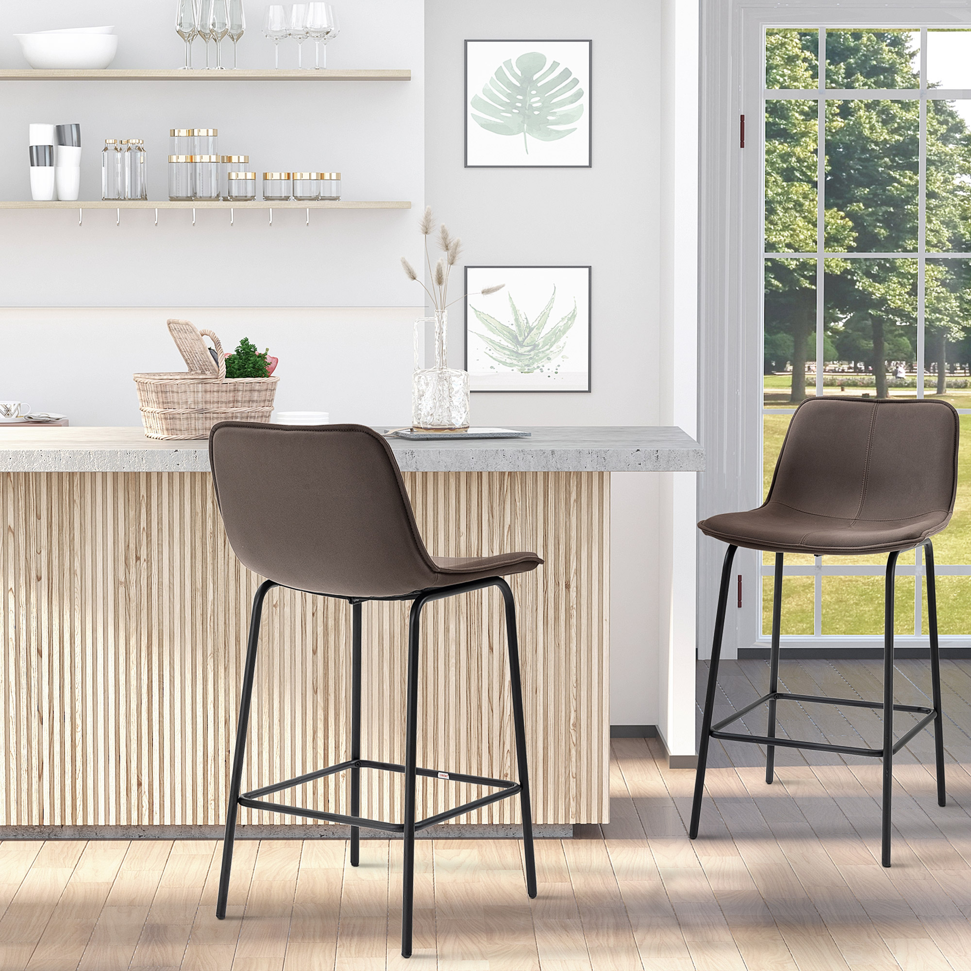 HOMCOM Bar Stools Set of 2, Upholstered Counter Height Bar Chairs, 26 ...