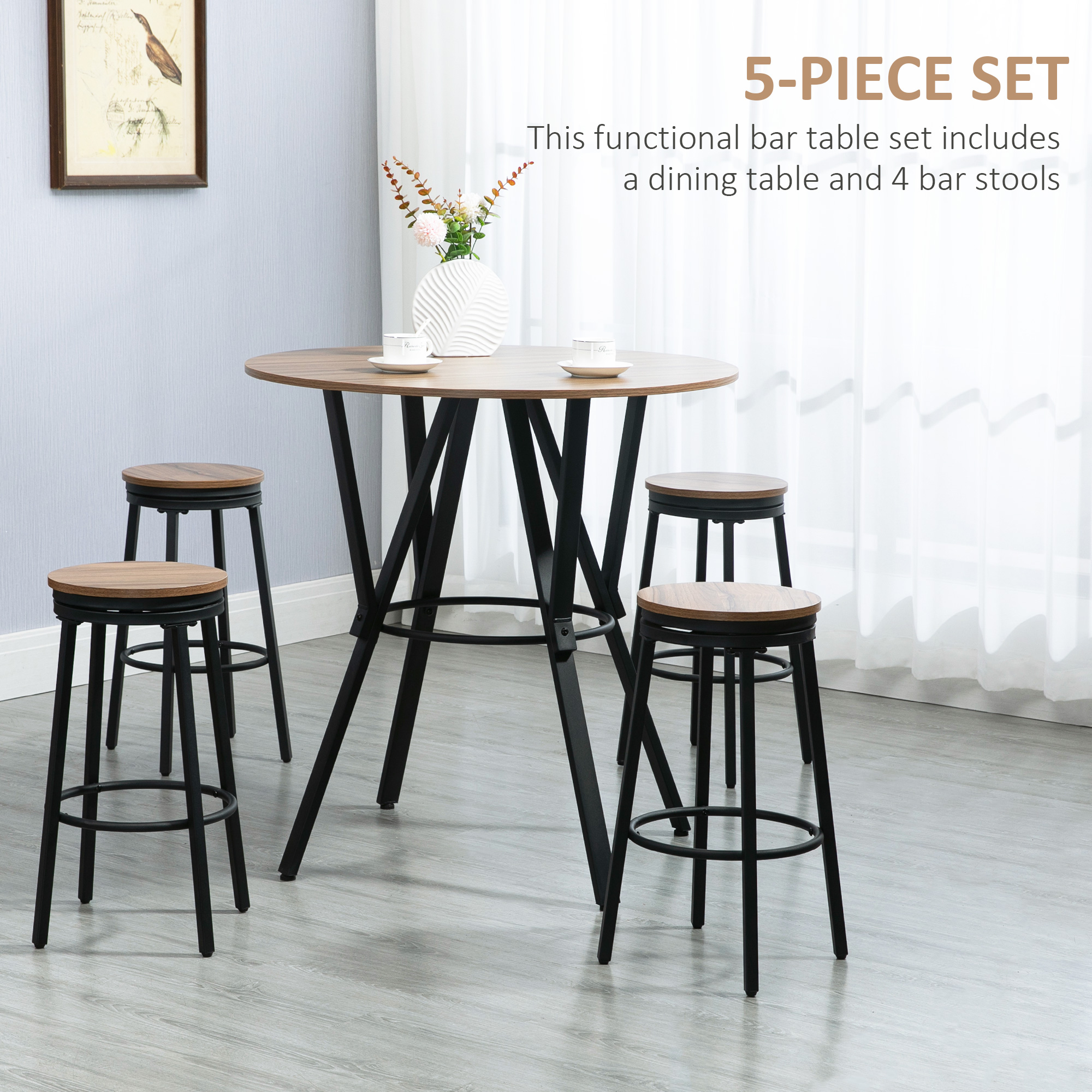 HOMCOM Industrial Bar Table and Chairs Set of 5, Round Dining Table & 4 ...