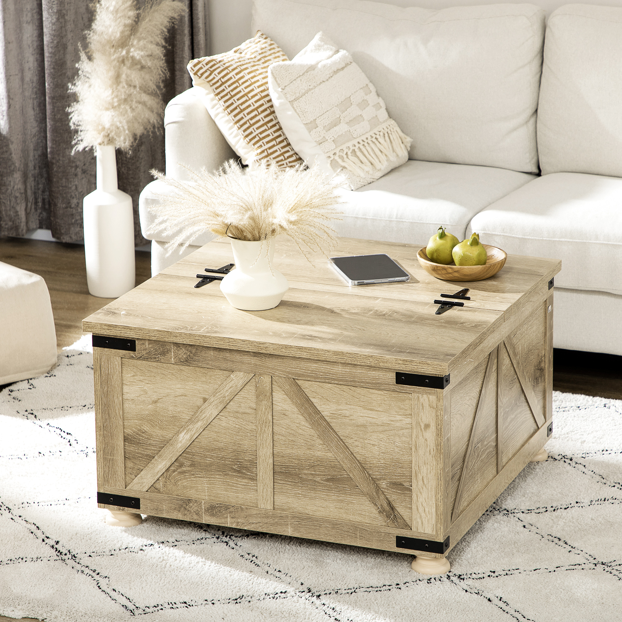 HOMCOM Farmhouse Coffee Table, Square Center Table with Flip-top Lids ...