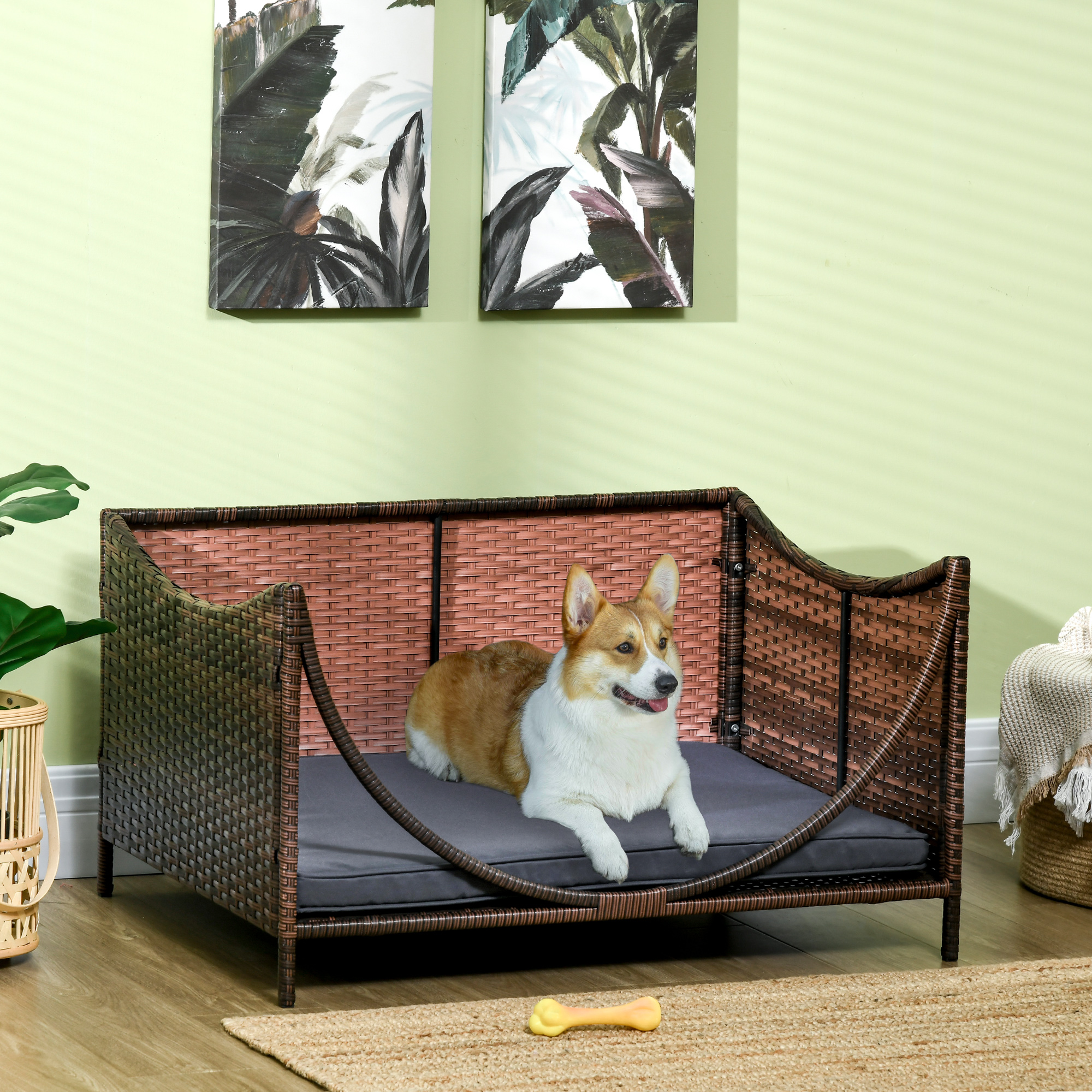 PawHut Rattan Pet Bed for Small Medium Dogs and Cats, Wicker Dog House ...