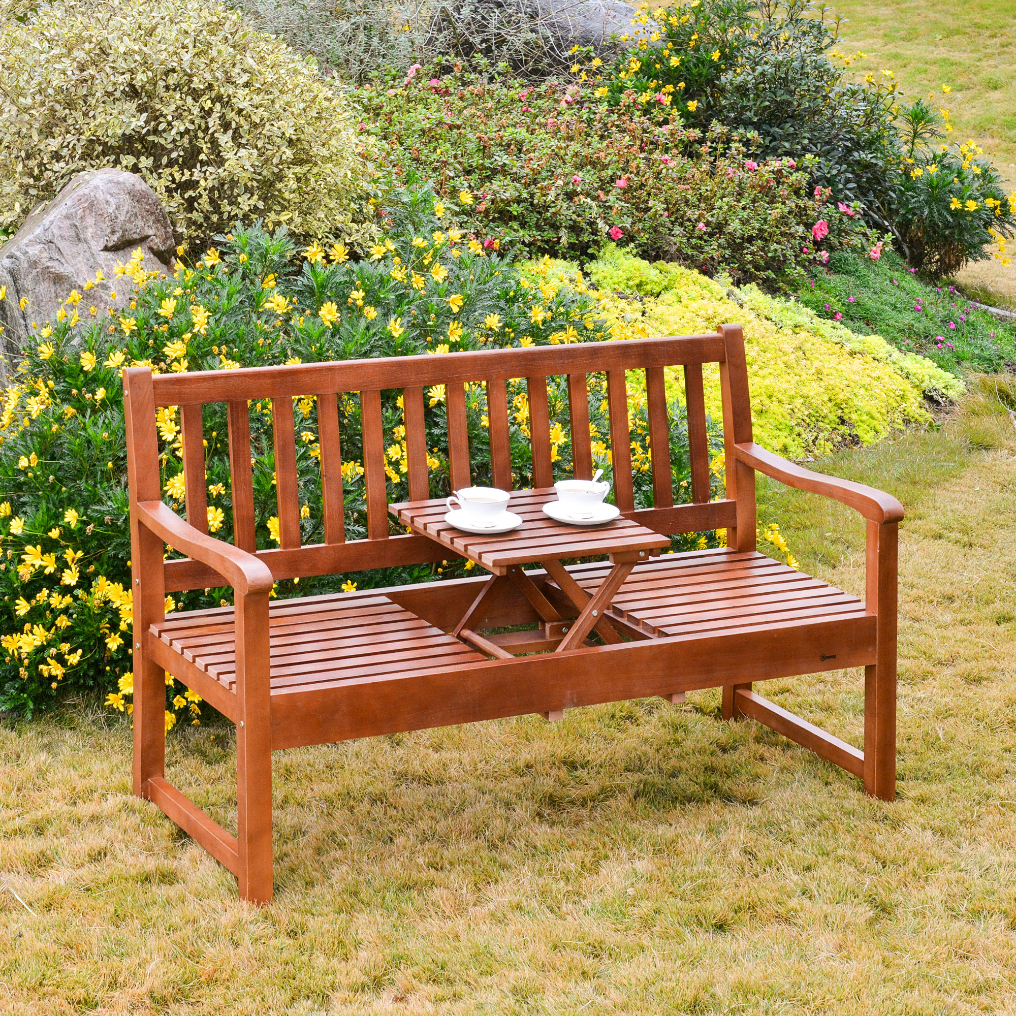 Outsunny Wooden Garden Bench with Pullout Middle Table, Outdoor ...