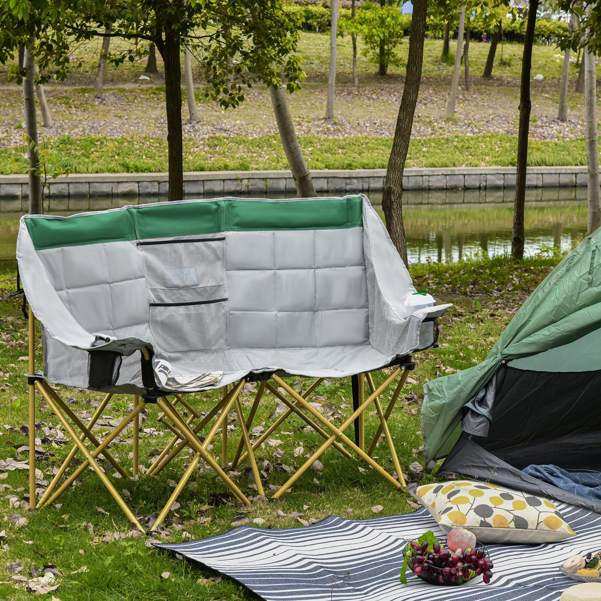 Outsunny Double Seat Camping Chair Folding Lawn Loveseat w/ Storage ...