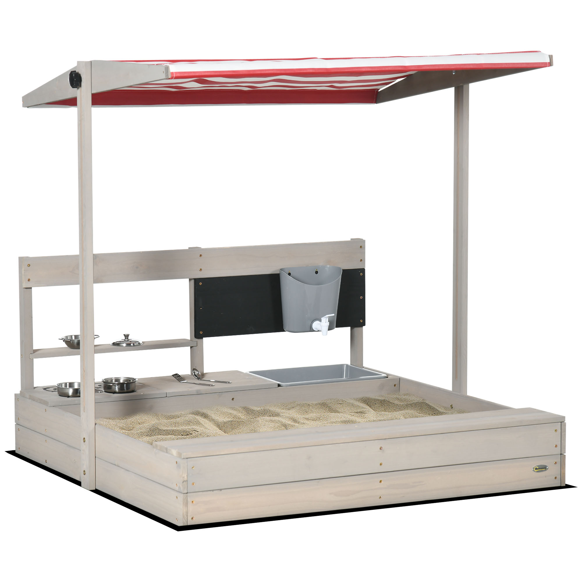 Outsunny Kids Wooden Sandbox with Canopy, Outdoor Sand Pit with Kitchen ...