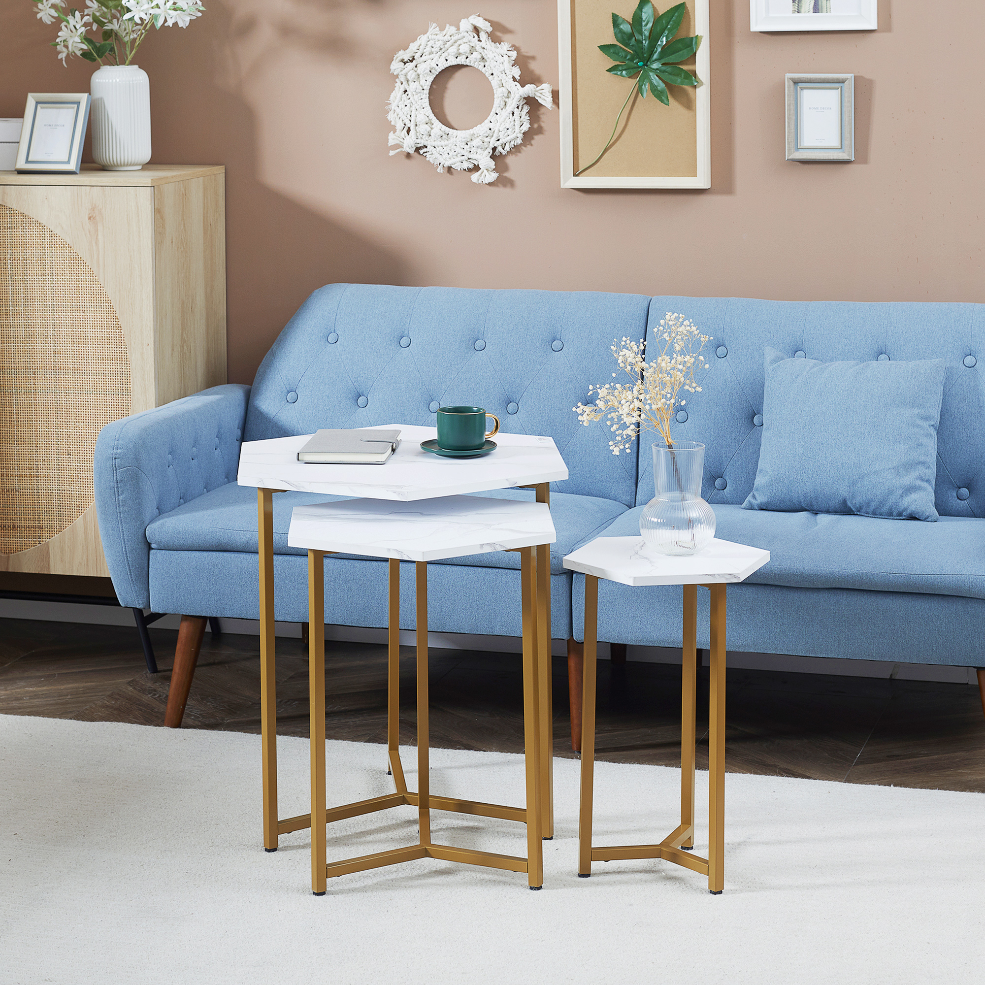 HOMCOM Nesting Tables Set of 3, Hexagon Side End Table with Marble ...