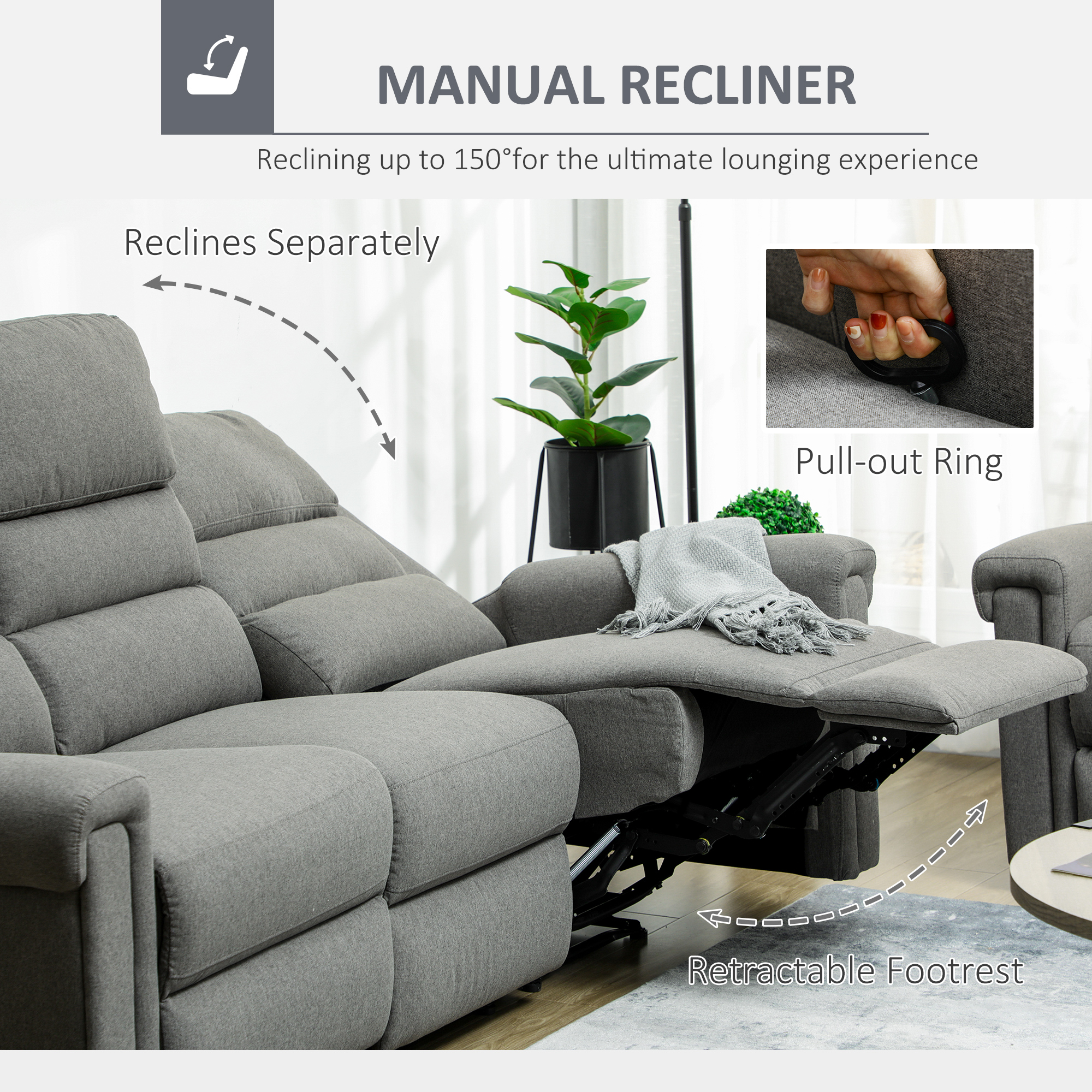 HOMCOM 3 Seater Recliner Sofa with Manual Pull Tab, Fabric Reclining ...