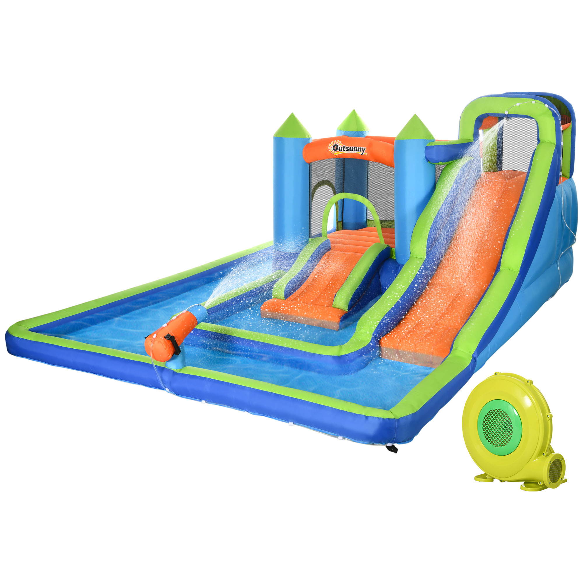 Outsunny 5 in 1 Kids Bounce House with Double Slides Pool Trampoline ...
