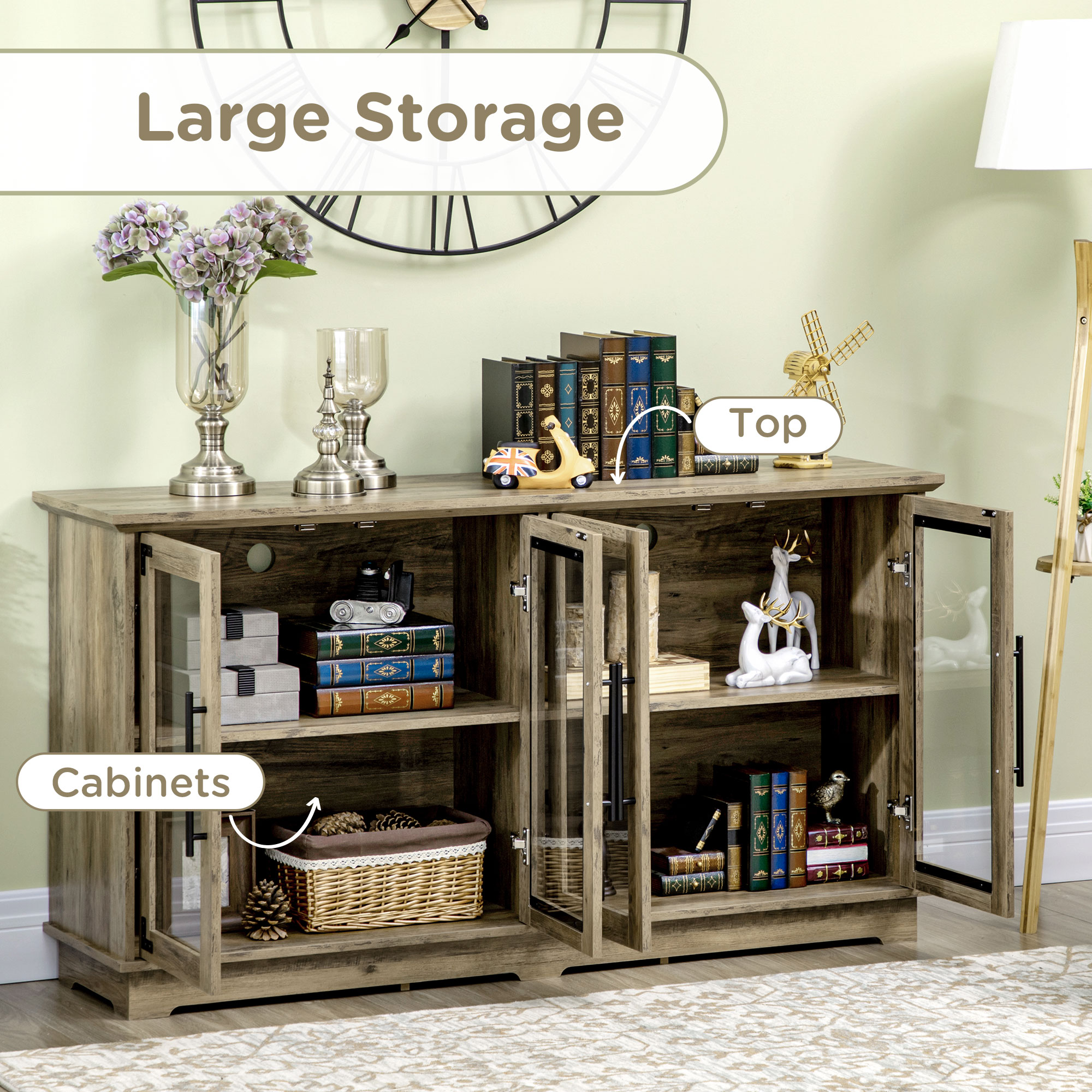 HOMCOM Farmhouse Buffet Cabinet with Glass Doors, Kitchen Sideboard ...