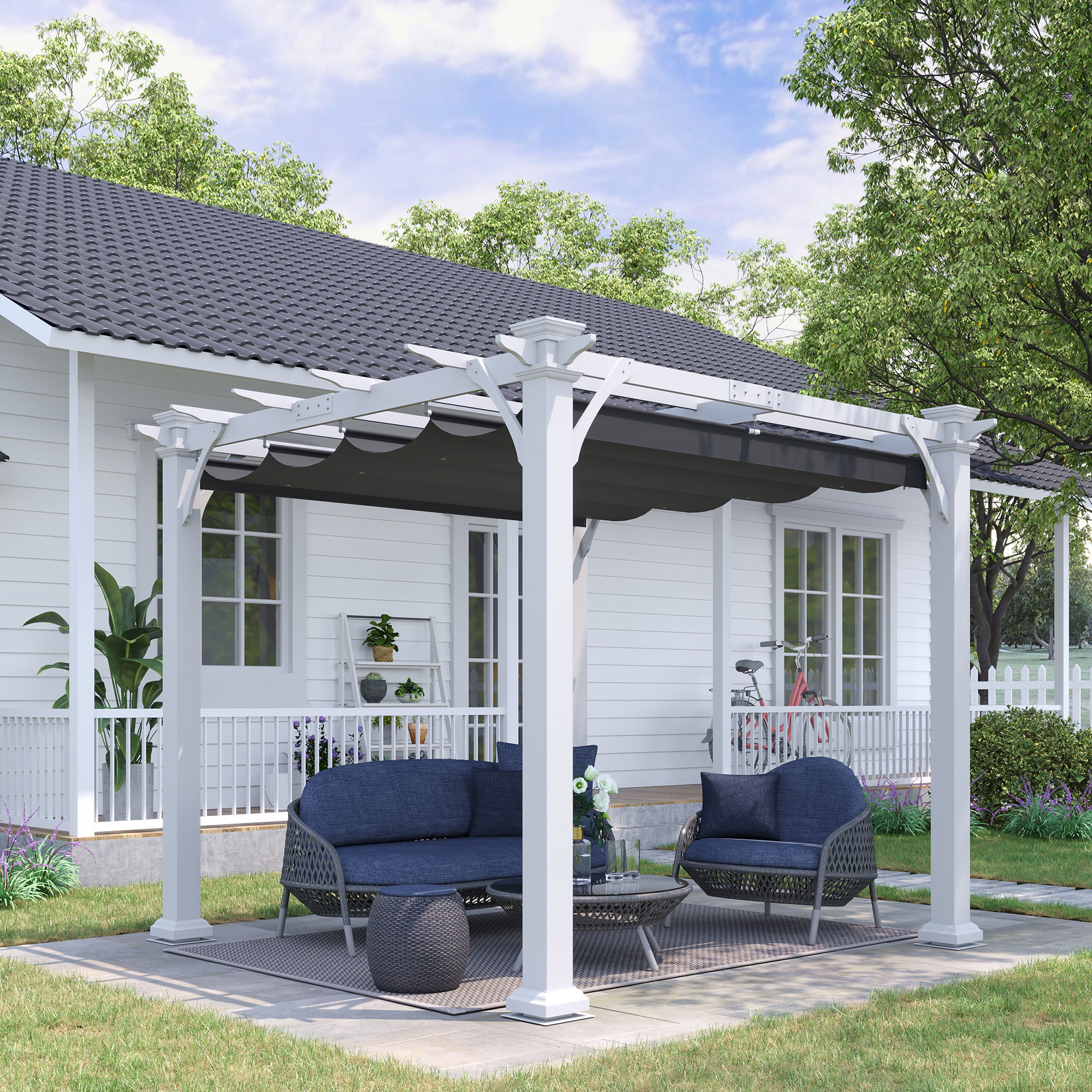 Outsunny 10' x 10' Retractable Pergola Canopy, Wood Gazebo Sun Shade ...