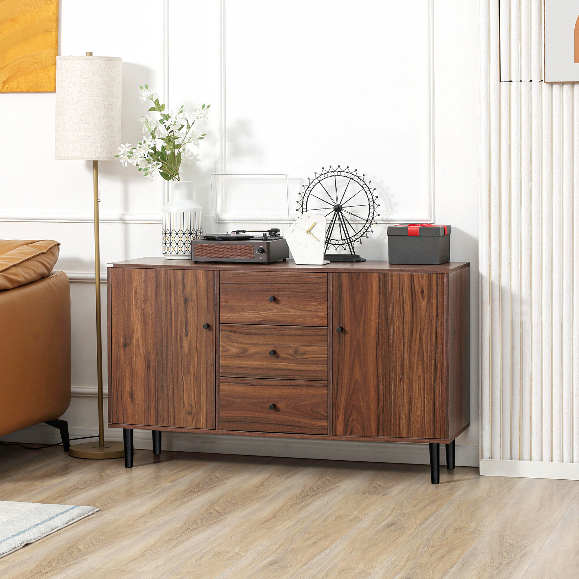 HOMCOM Kitchen Storage Sideboard, Buffet Cabinet with 2 Cupboards, 3 ...