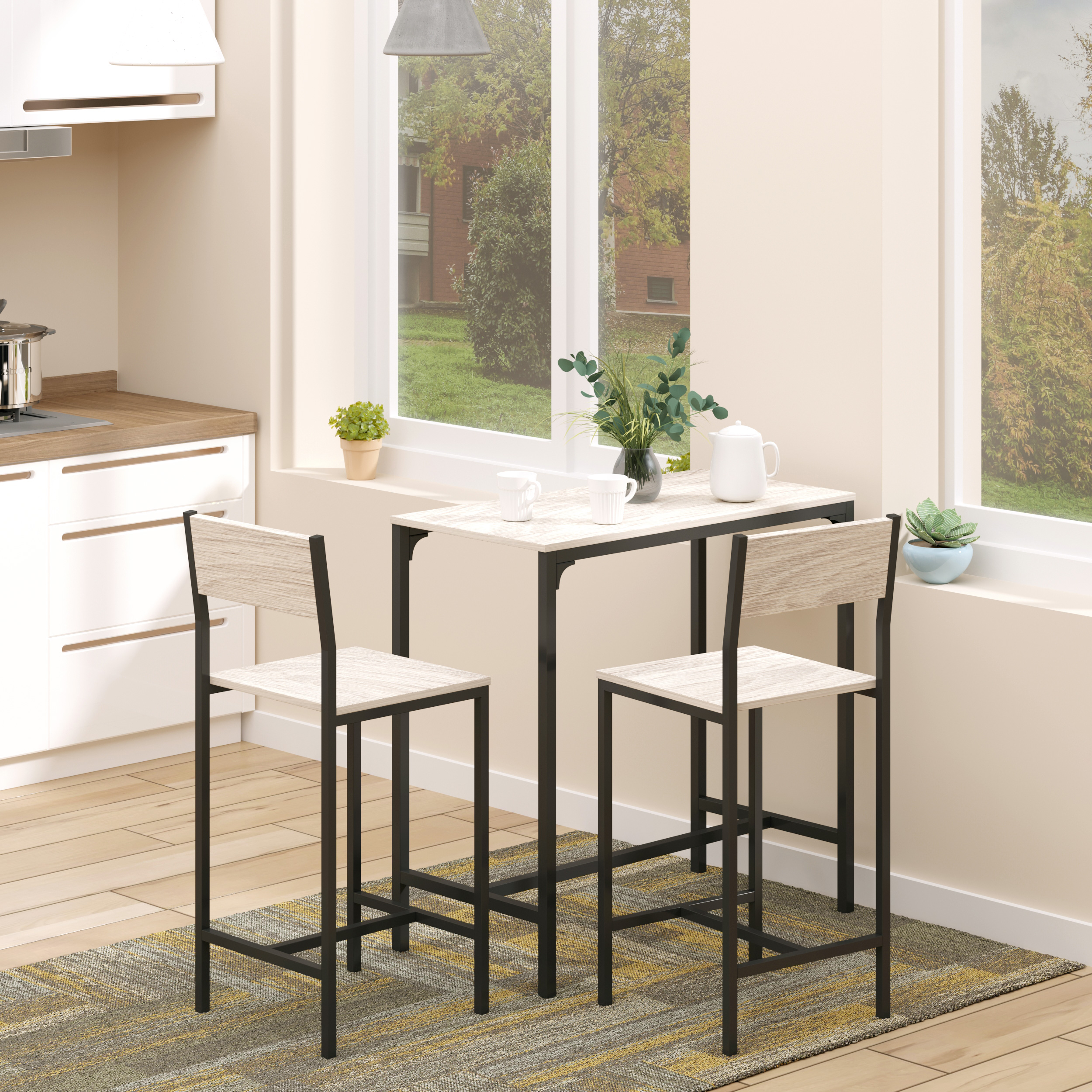 HOMCOM Industrial Counter-Height 3-Piece Table and 2 High Back Stools ...