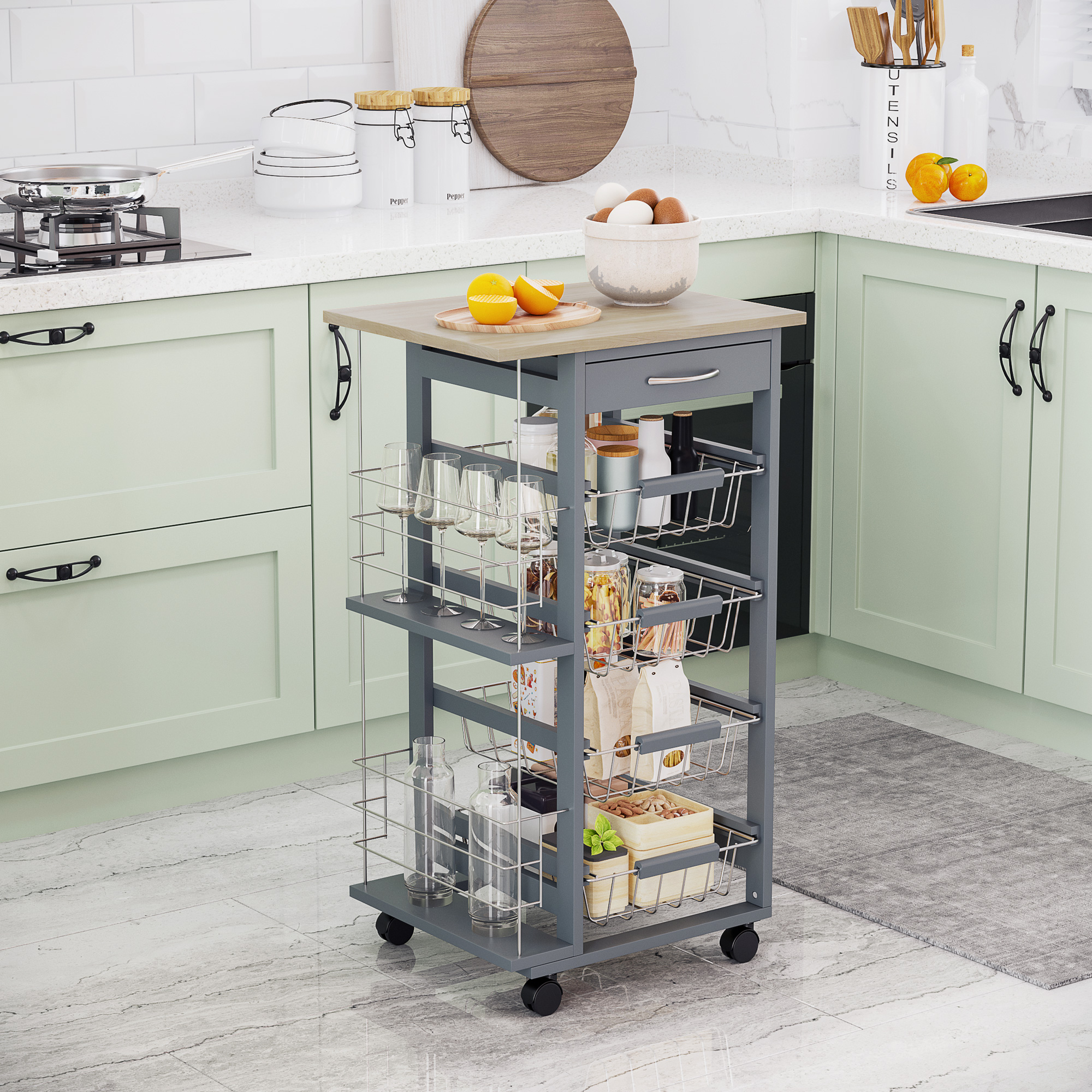 HOMCOM Rolling Kitchen Cart, Utility Storage Cart with 4 Baskets ...