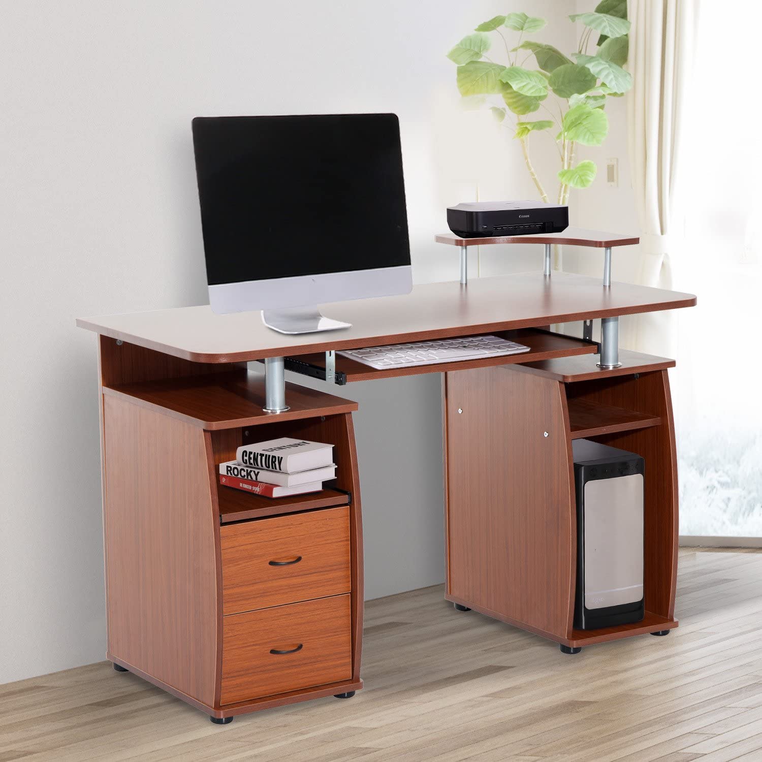 HOMCOM Wooden Computer Desk Study Table PC Desktop with Print Shelf ...