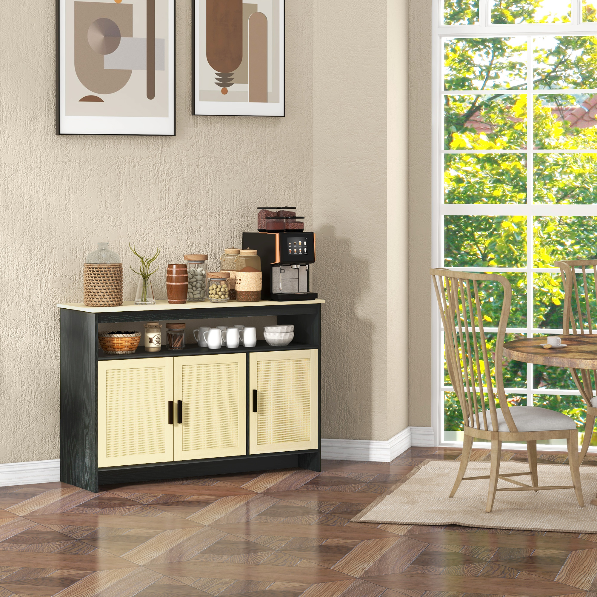 HOMCOM Kitchen Sideboard Cabinet with 3 Rattan Doors, Adjustable ...