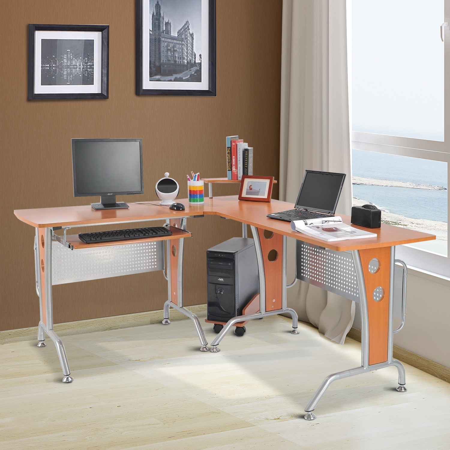 HOMCOM 67” Modern L-Shaped Corner Computer Desk Office Workstation PC ...