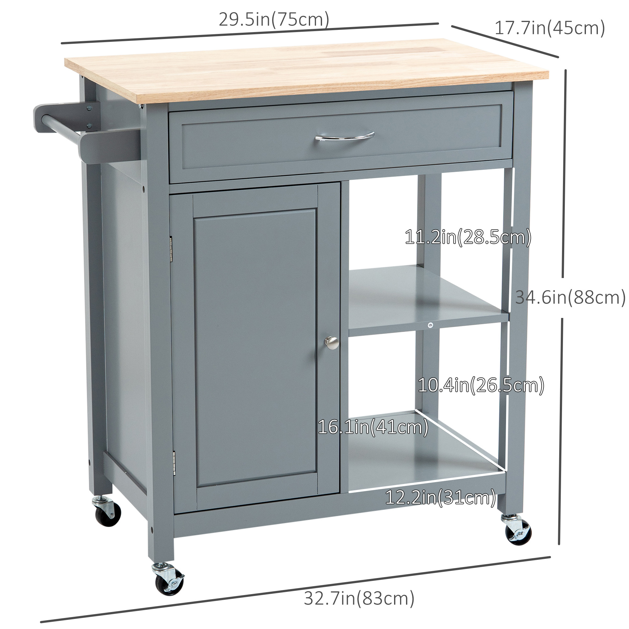 HOMCOM Rolling Kitchen Cart with Wood Top & Drawer, Kitchen Island on ...