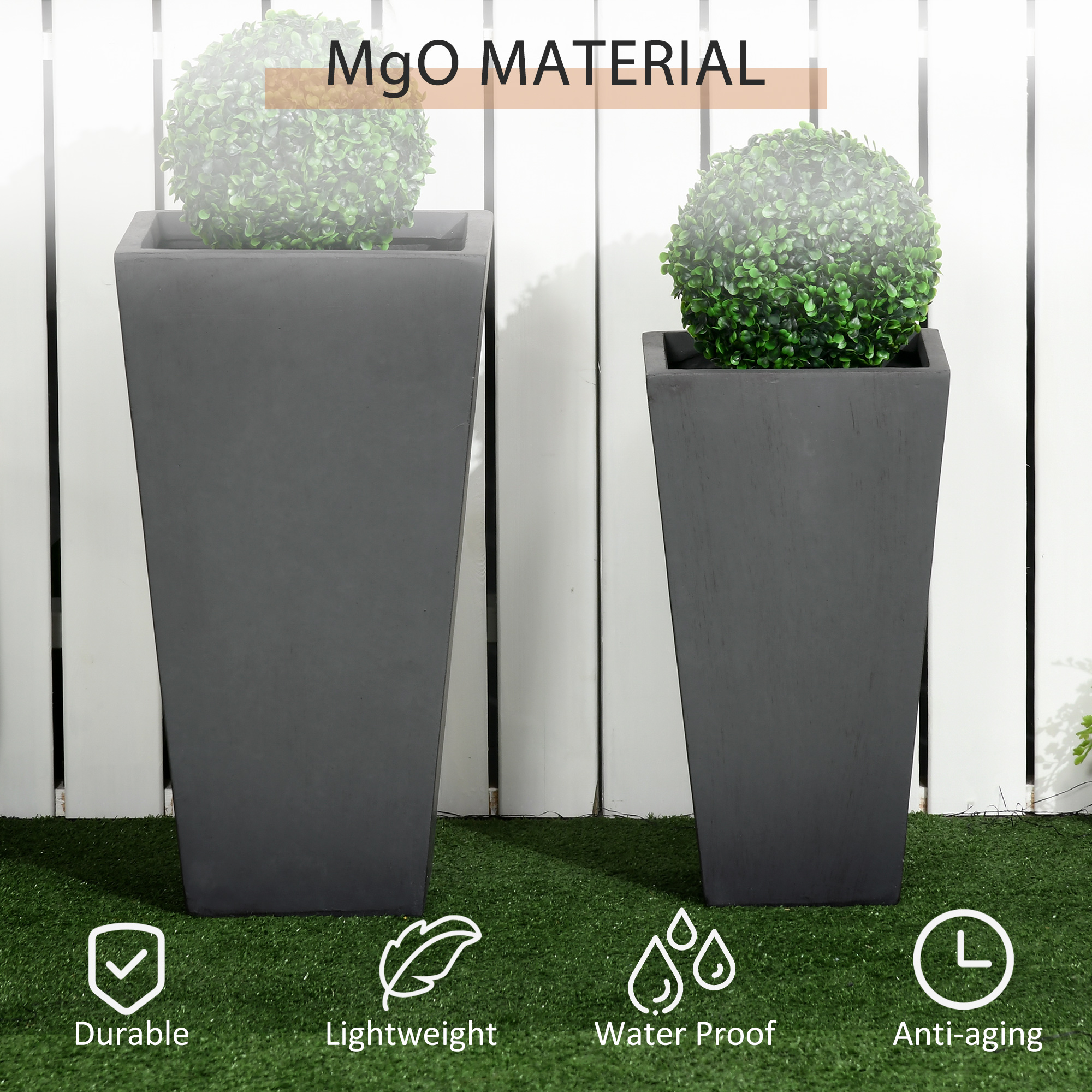 Outsunny 2-Pack Outdoor Planter Set, MgO Flower Pots with Drainage ...