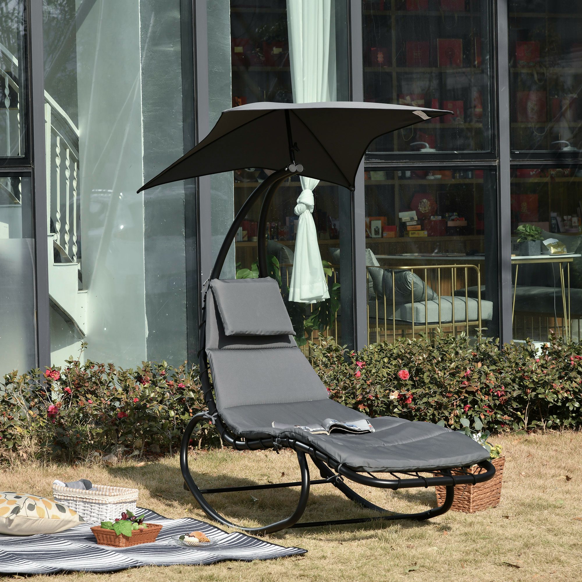 Outsunny Patio Rocking Chaise Lounge Rocking Bed with Canopy Cushion ...