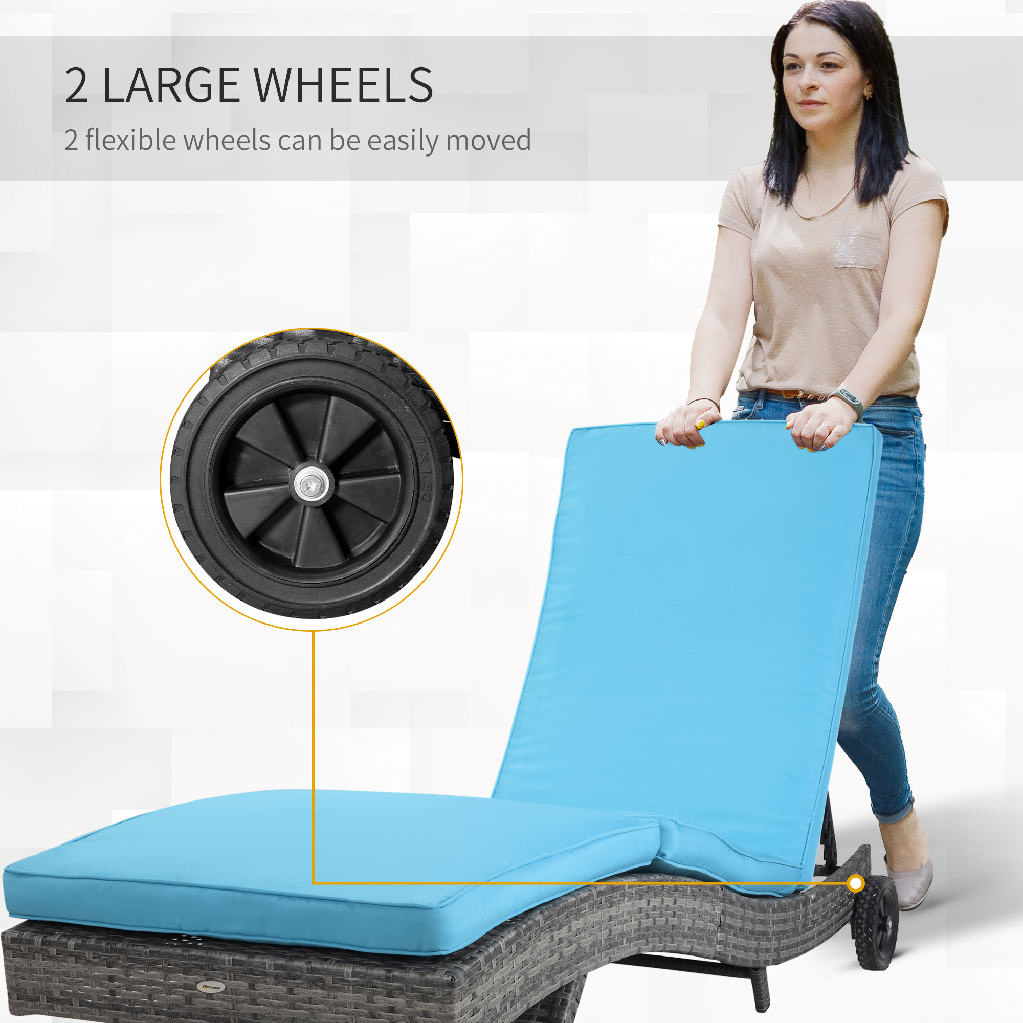 Outsunny Grey Rattan Chaise Lounge with Blue Cushion and Adjustable Backrest 862 030LB