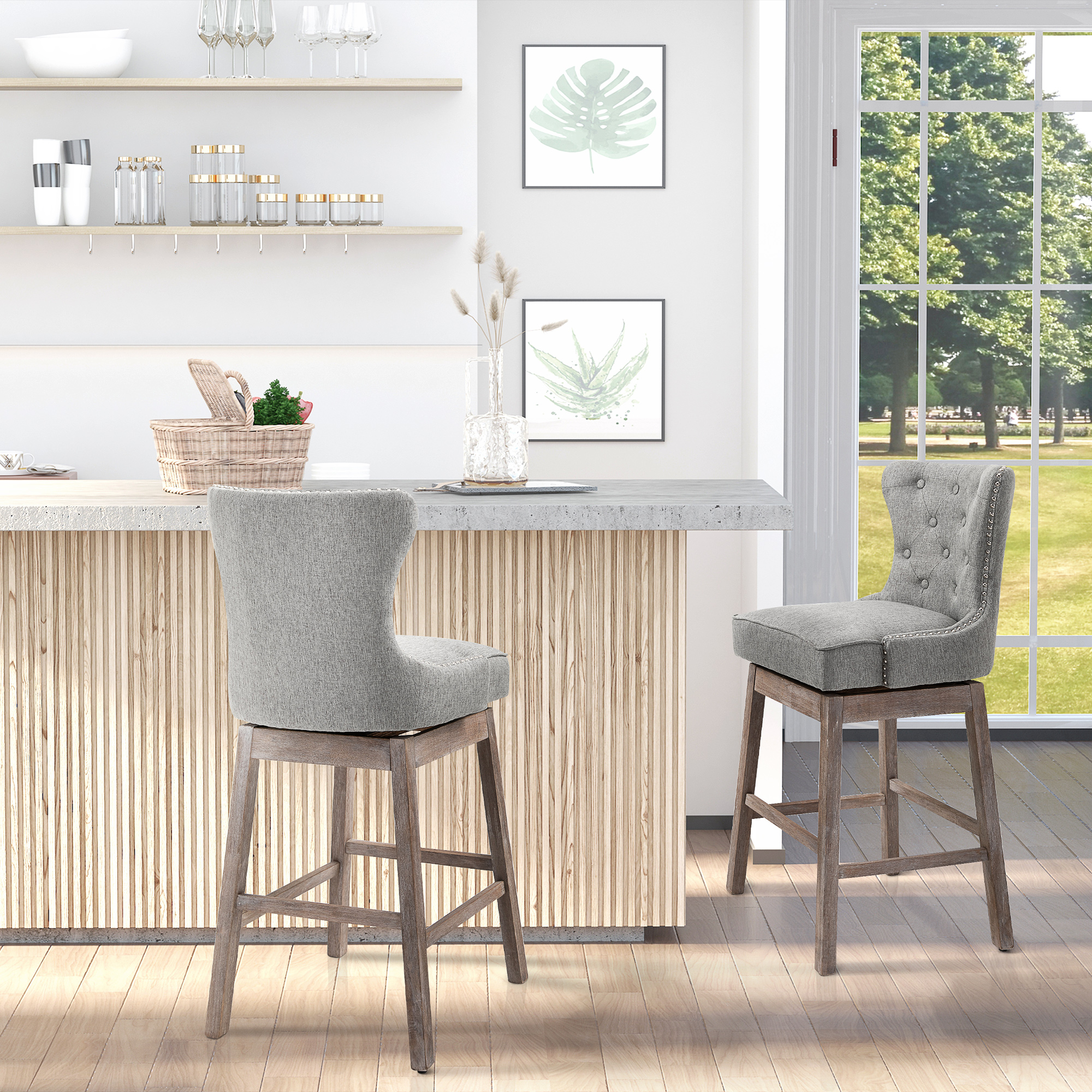 HOMCOM Memory Swivel Bar Stools Set of 2, Upholstered Fabric Bar Height ...