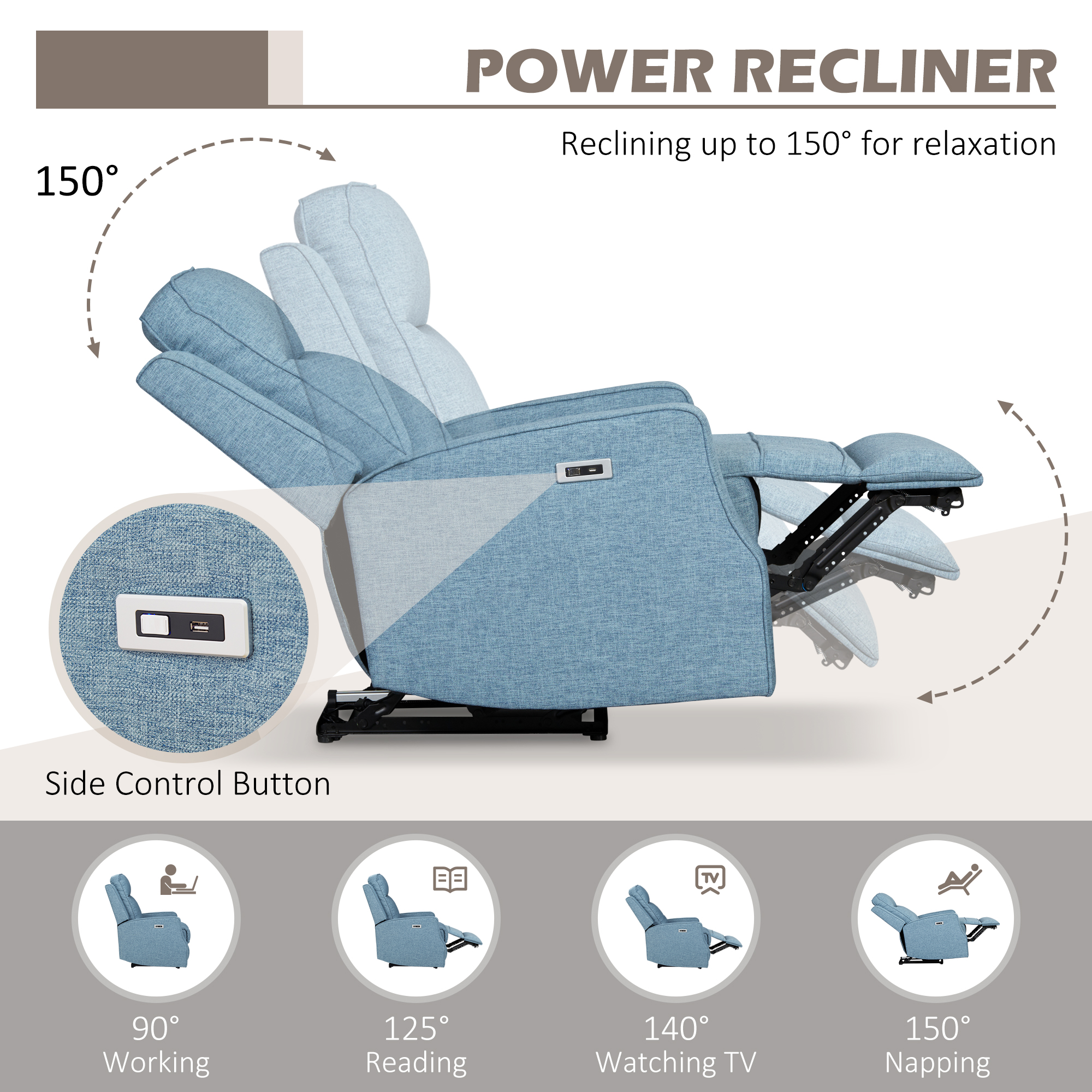 HOMCOM Electric Power Wall Hugger Recliner Chair Armchair Sofa with ...