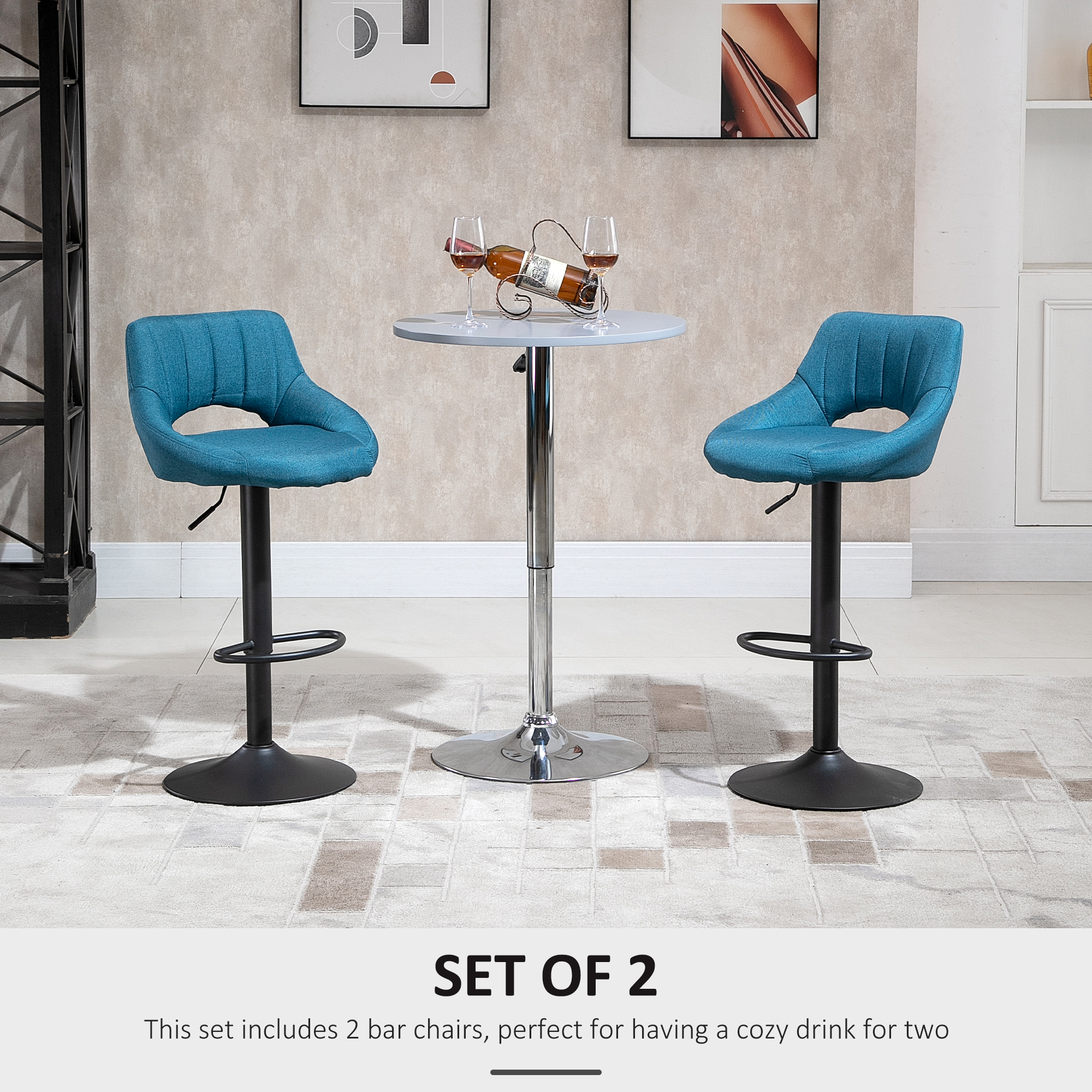 HOMCOM Bar Stools Set Of 2 Swivel Counter Height Barstools With Adjustable Height Linen Upholstered Bar Chairs With Round Metal Base And Footrest